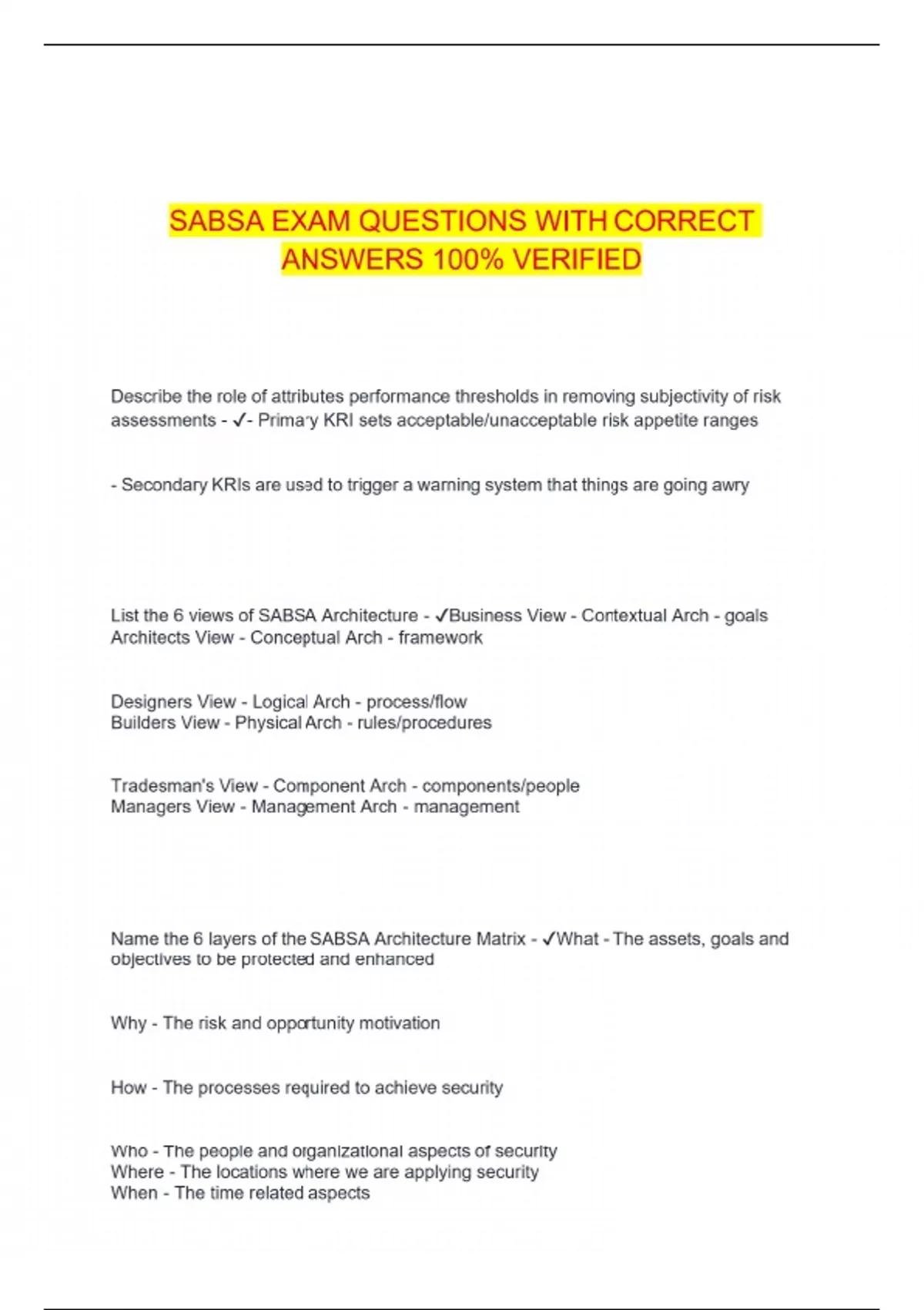 SABSA EXAM QUESTIONS WITH CORRECT ANSWERS 100% VERIFIED - SABSA - Stuvia US