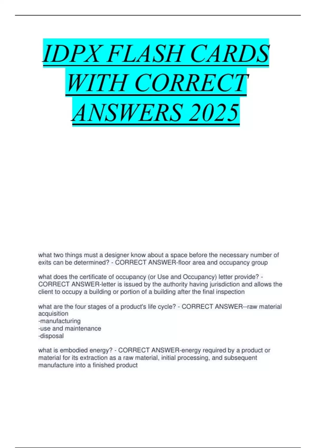 IDPX FLASH CARDS WITH CORRECT ANSWERS 2025 - IDPX FLASH CARDS - Stuvia US