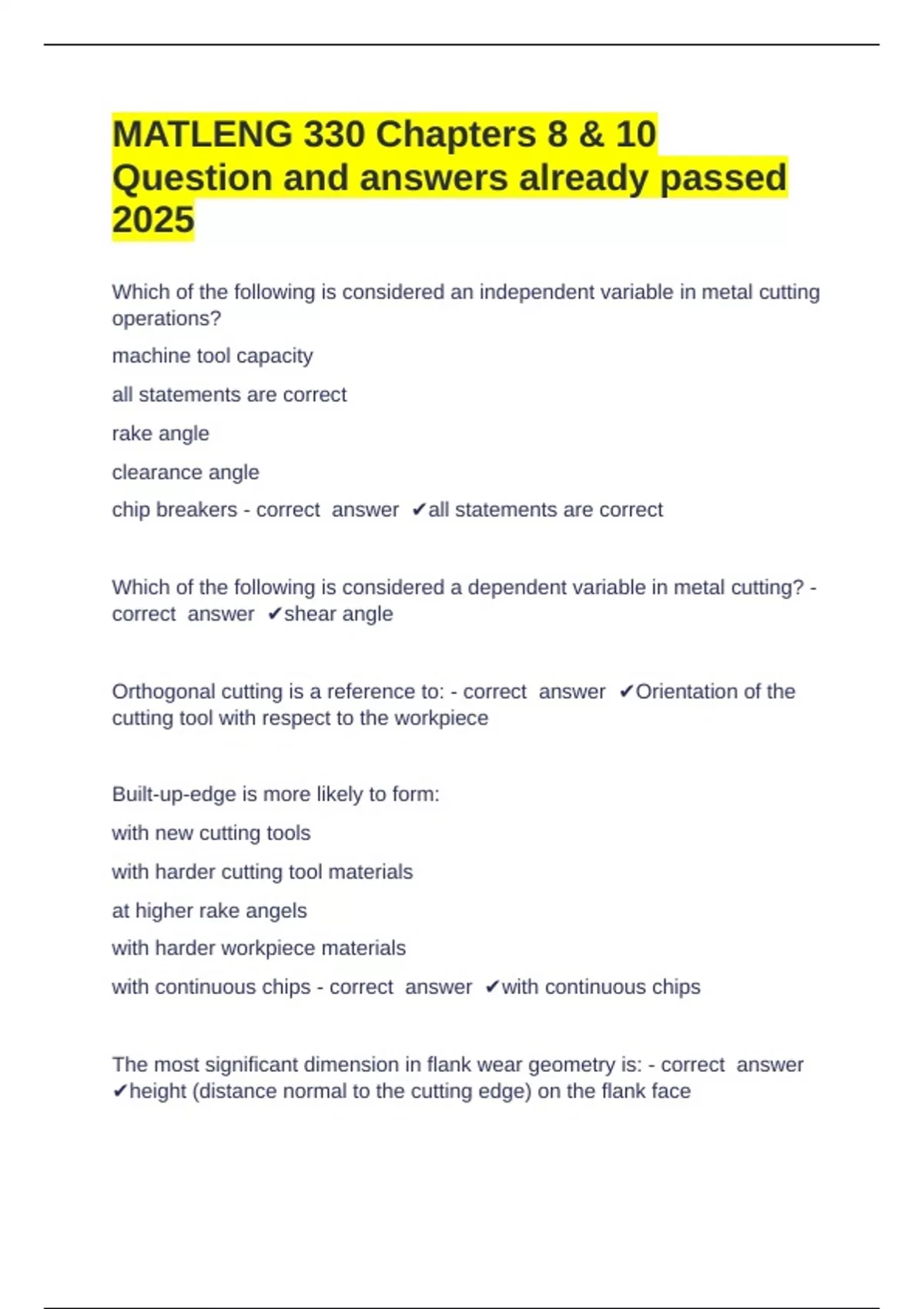 MATLENG 330 Chapters 8 & 10 Question and answers already passed 2025 ...