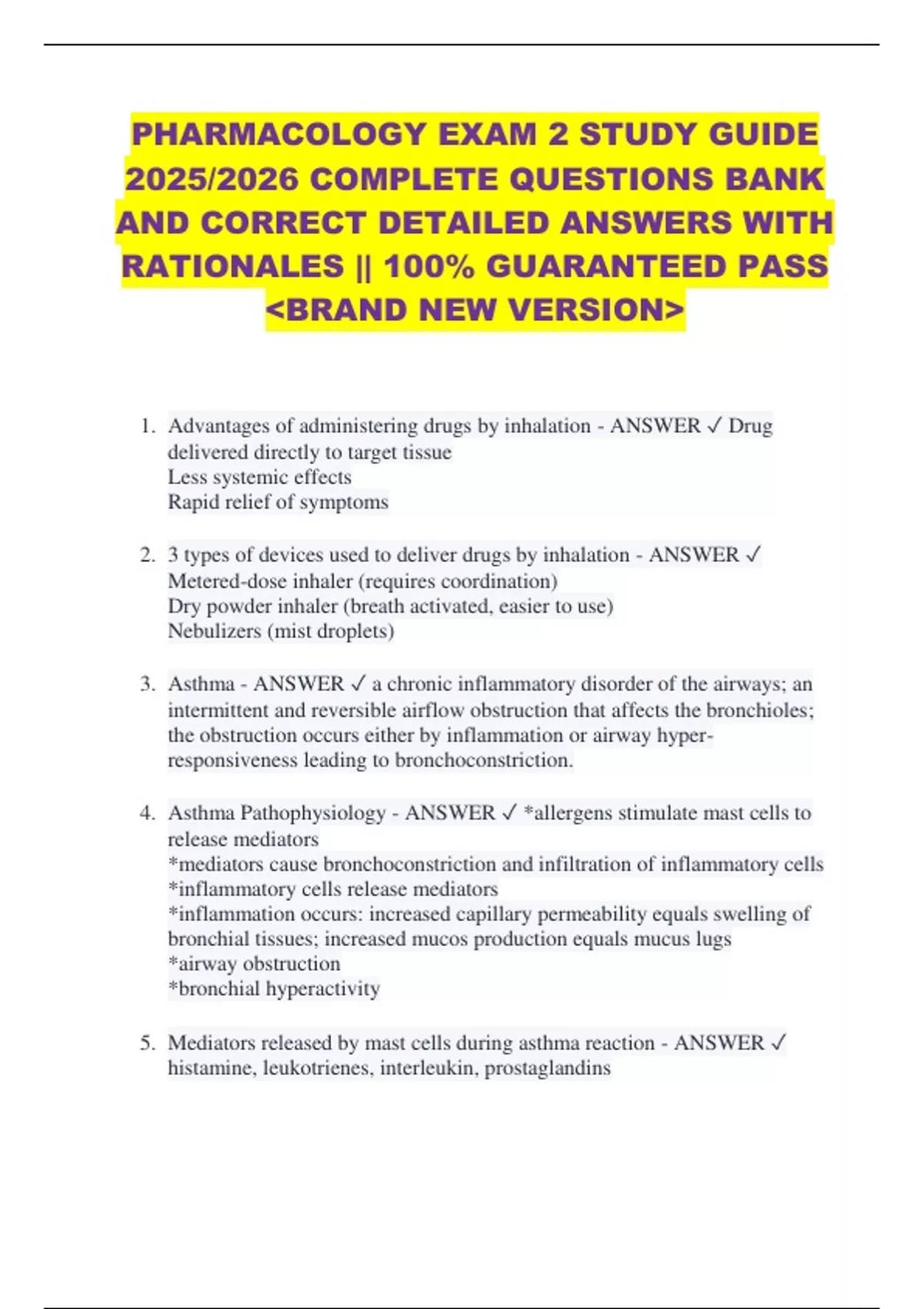 PHARMACOLOGY EXAM 2 STUDY GUIDE 2025/2026 COMPLETE QUESTIONS BANK AND ...