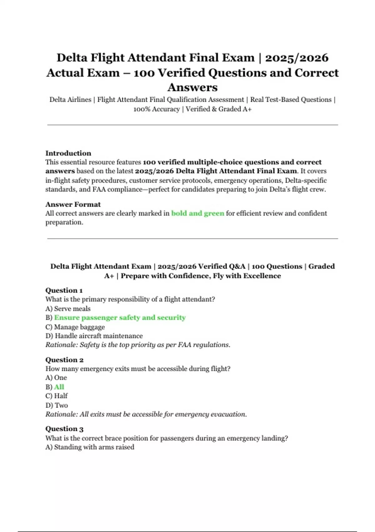 Delta Flight Attendant Final Exam | 2025/2026 Actual Exam – 100 Verified Questions and Correct ...