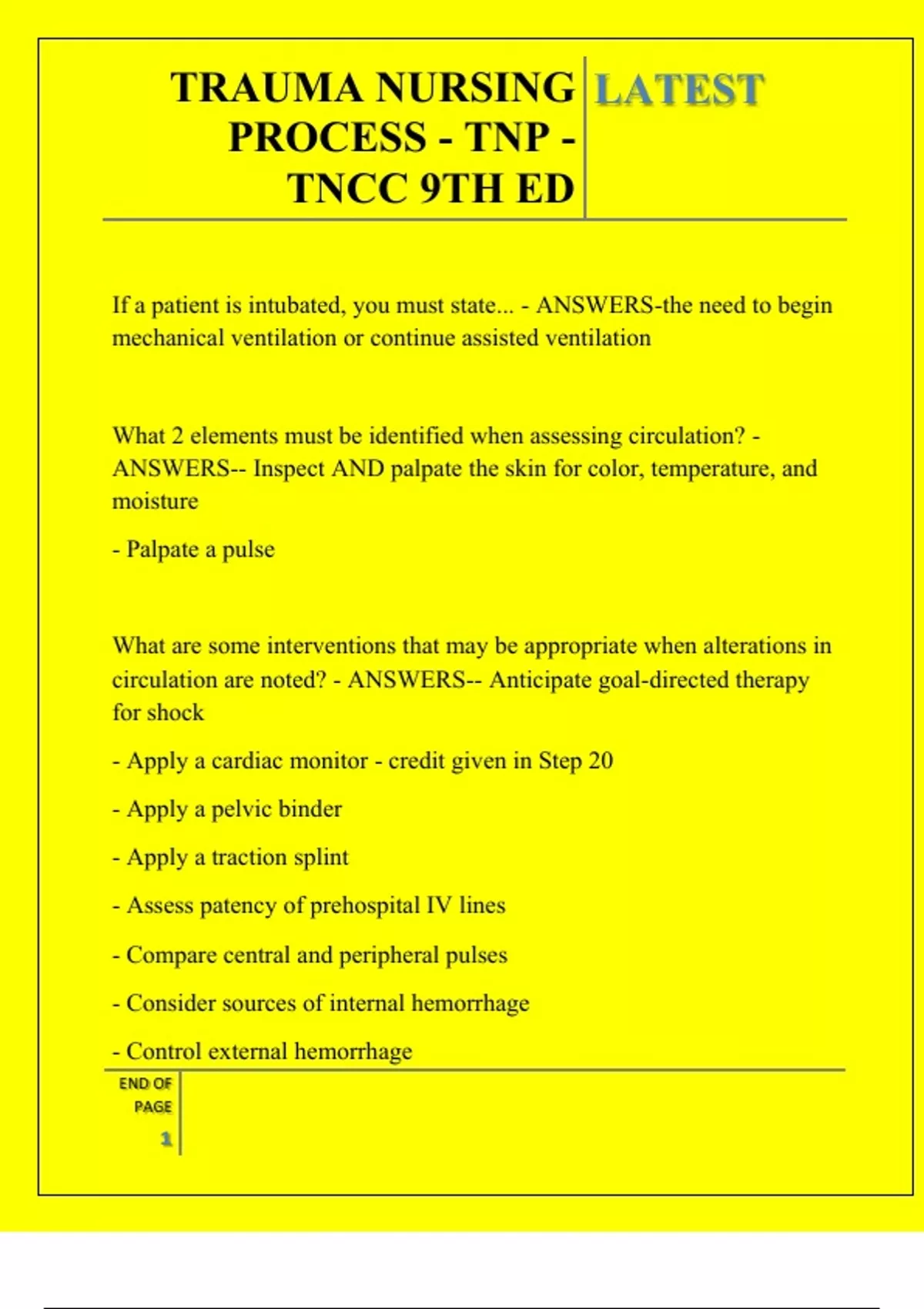 TRAUMA NURSING PROCESS - TNP - TNCC 9TH ED QUESTIONS AND ANSWERS 2025 - TRAUMA NURSING PROCESS ...