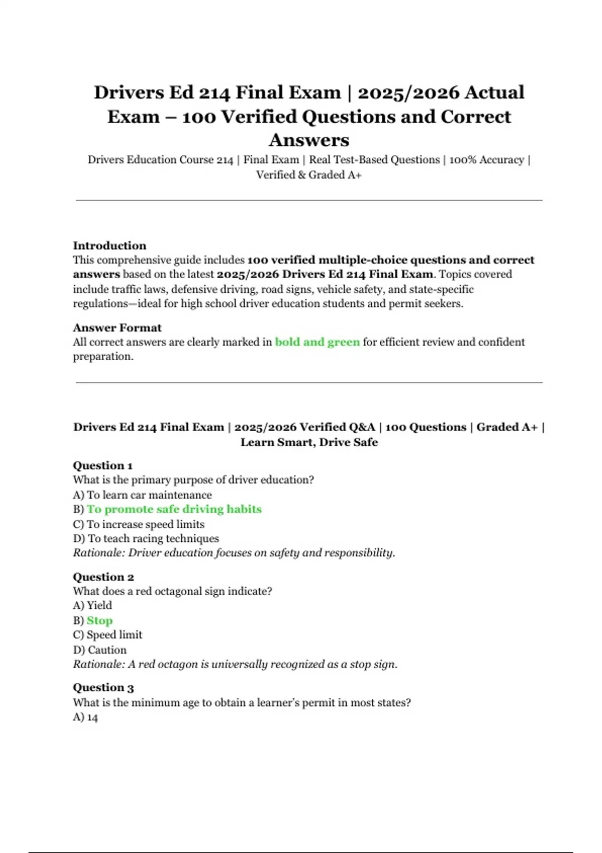 Drivers Ed 214 Final Exam | 2025/2026 Actual Exam – 100 Verified Questions and Correct Answers ...