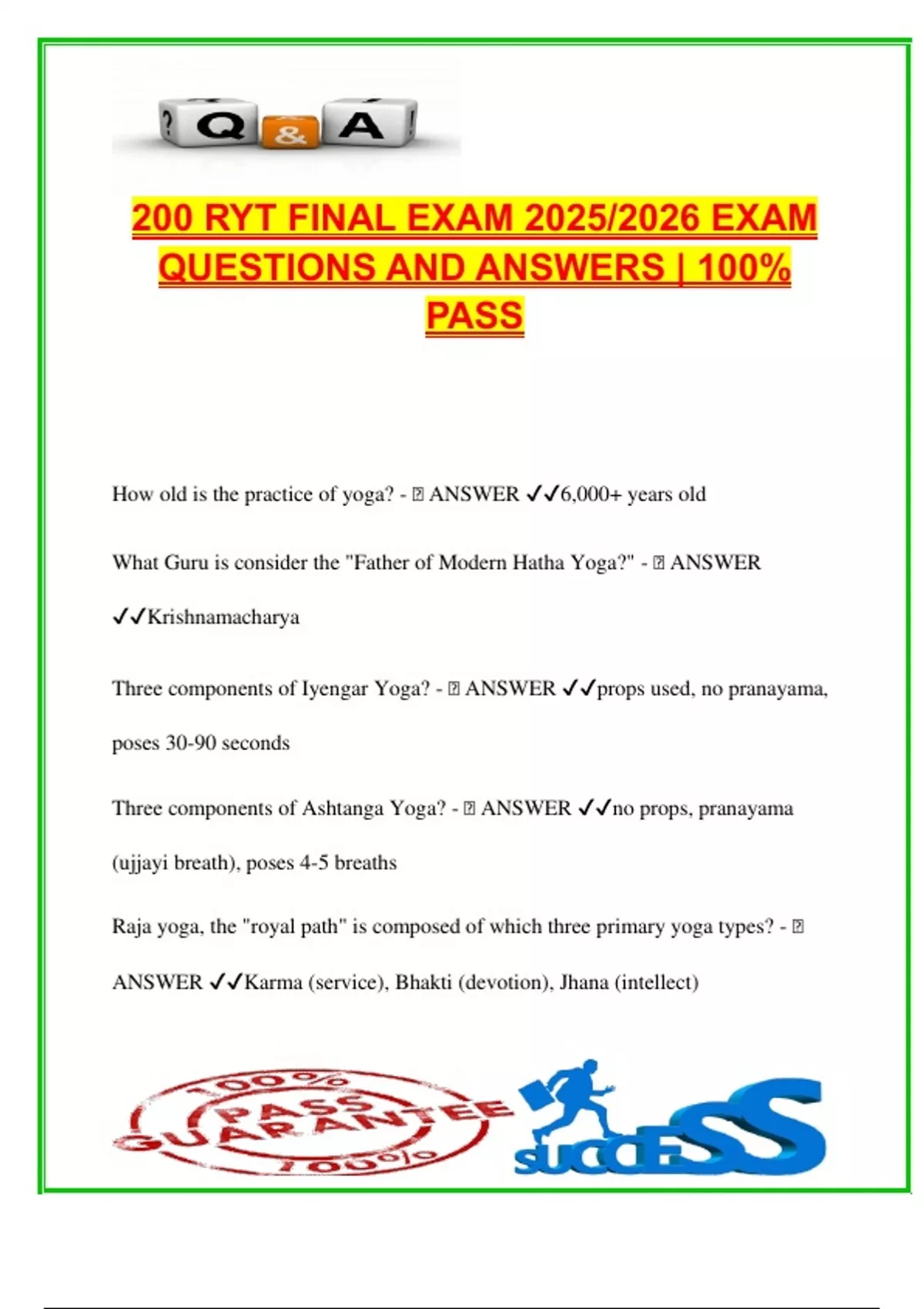 200 Hour Yoga Teacher Training (RYT) Final Exam Guide | 2025/2026 | 100 ...