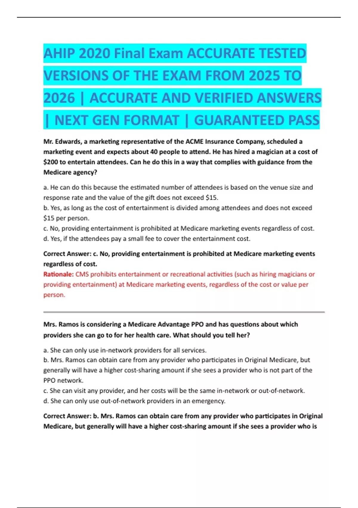 AHIP 2020 Final Exam ACCURATE TESTED VERSIONS OF THE EXAM FROM 2025 TO ...