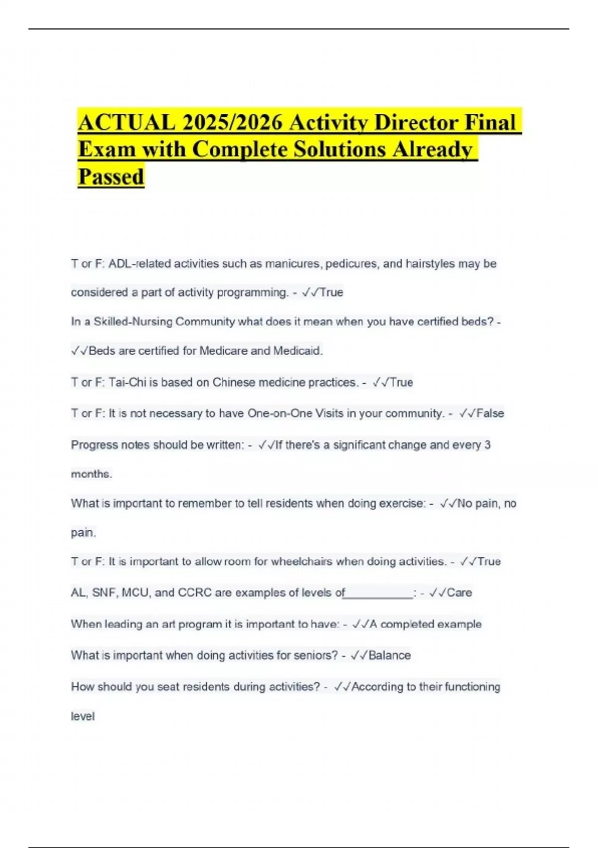 ACTUAL 2025/2026 Activity Director Final Exam with Complete Solutions ...