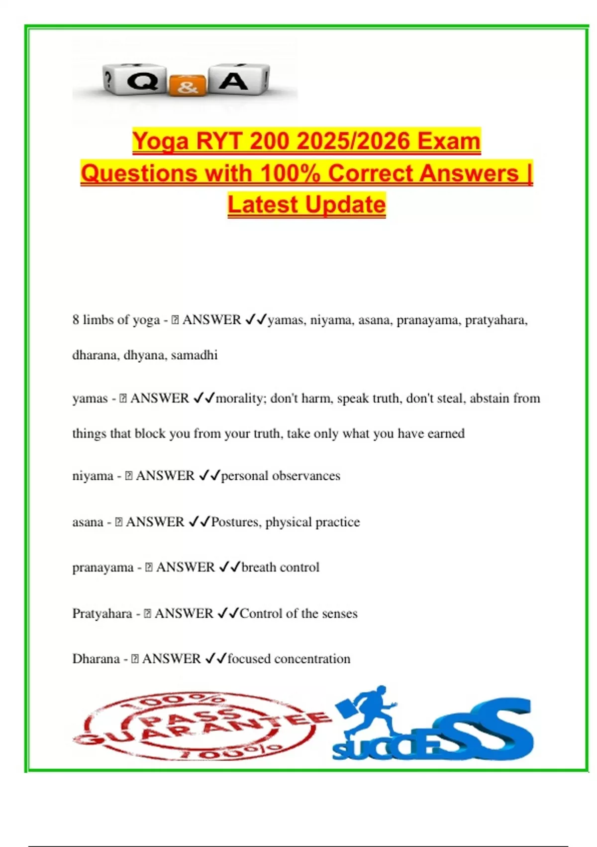 RYT 200 Yoga Teacher Training Exam 2025/2026 | 100% Correct Answers | 120+ Concepts | 8 Limbs ...
