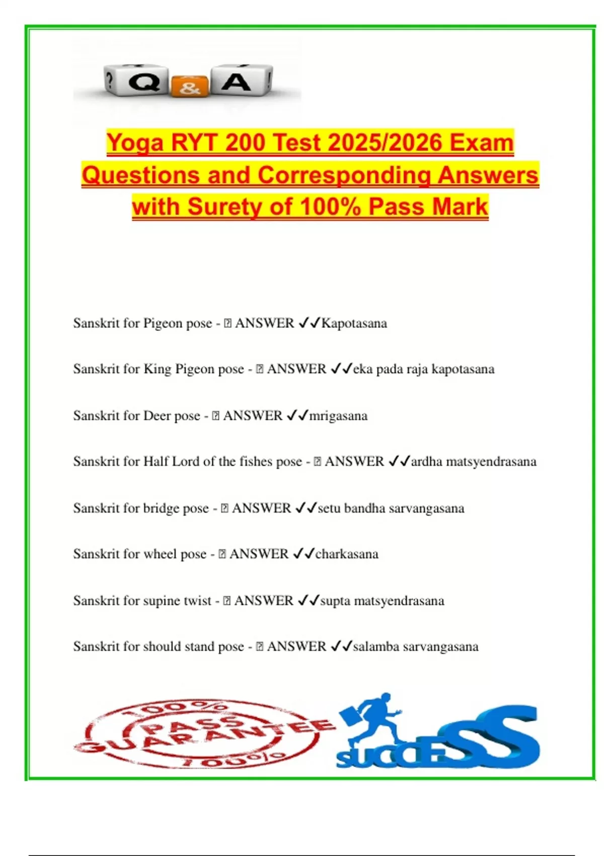 RYT 200 Yoga Test 2025/2026 | 100% Correct Q&A | 120+ Sanskrit Pose ...