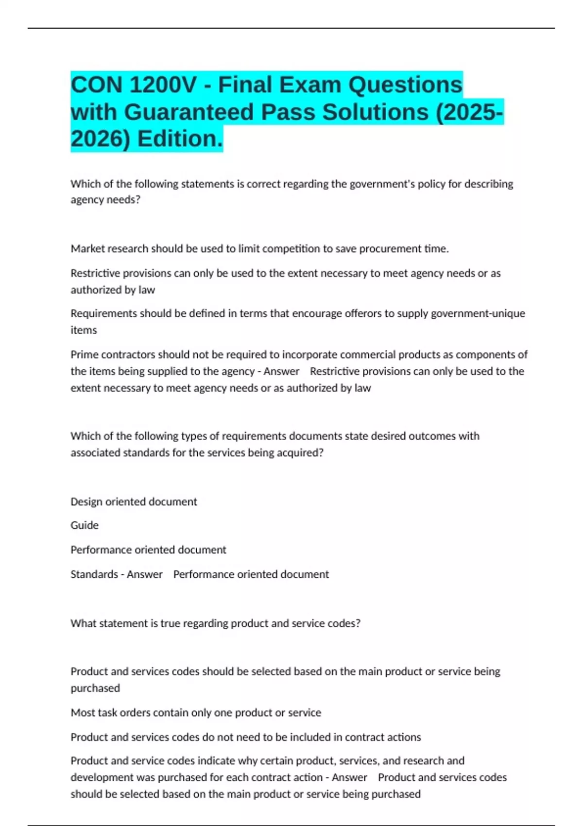 CON 1200V - Final Exam Questions with Guaranteed Pass Solutions ...