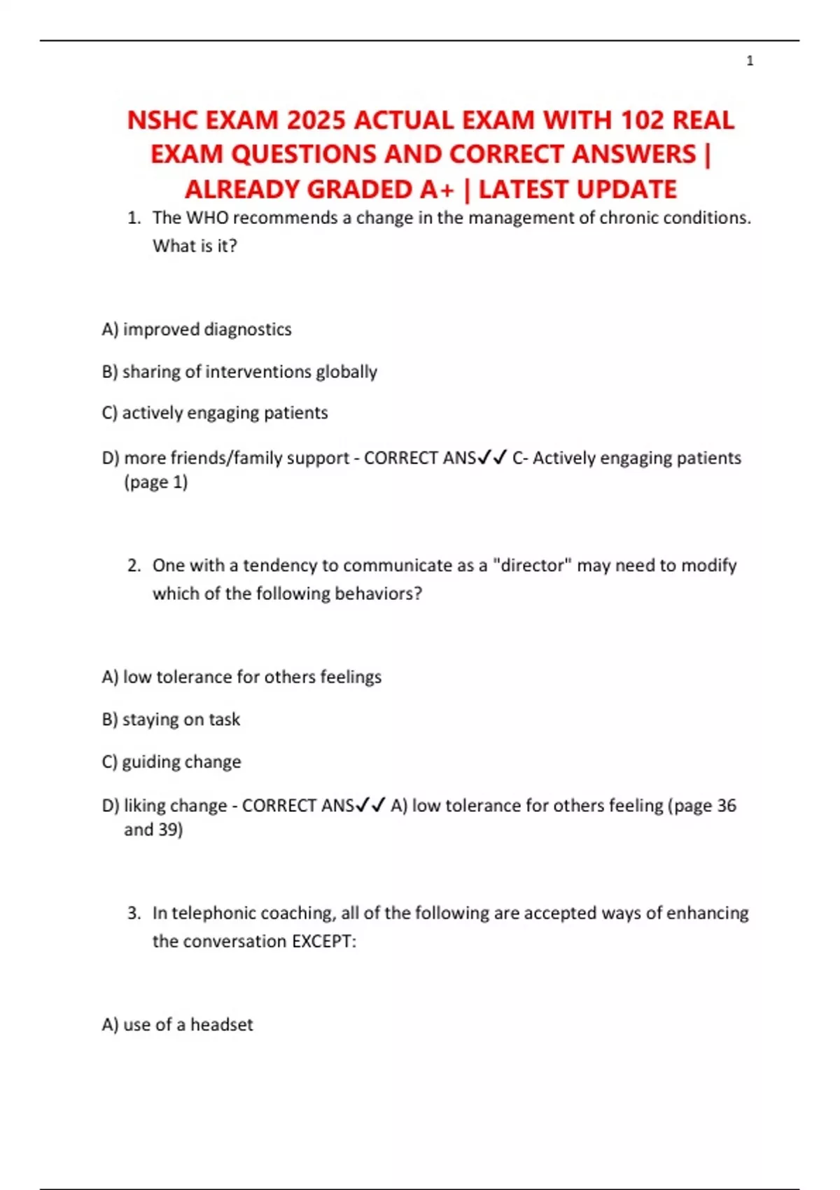 NSHC EXAM 2025 ACTUAL EXAM WITH 102 REAL EXAM QUESTIONS AND CORRECT ...