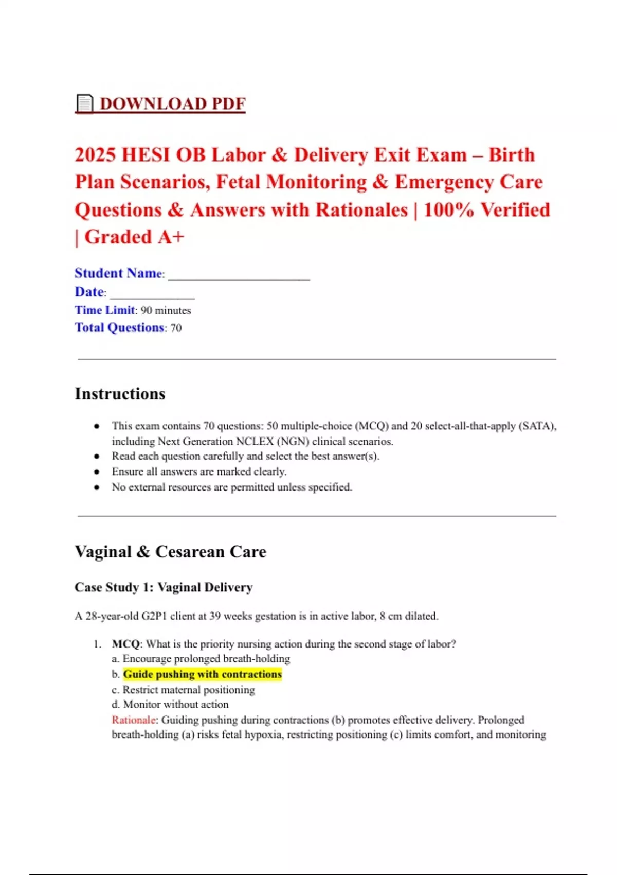 2025 HESI OB Labor & Delivery Exit Exam – Birth Plan Scenarios, Fetal ...