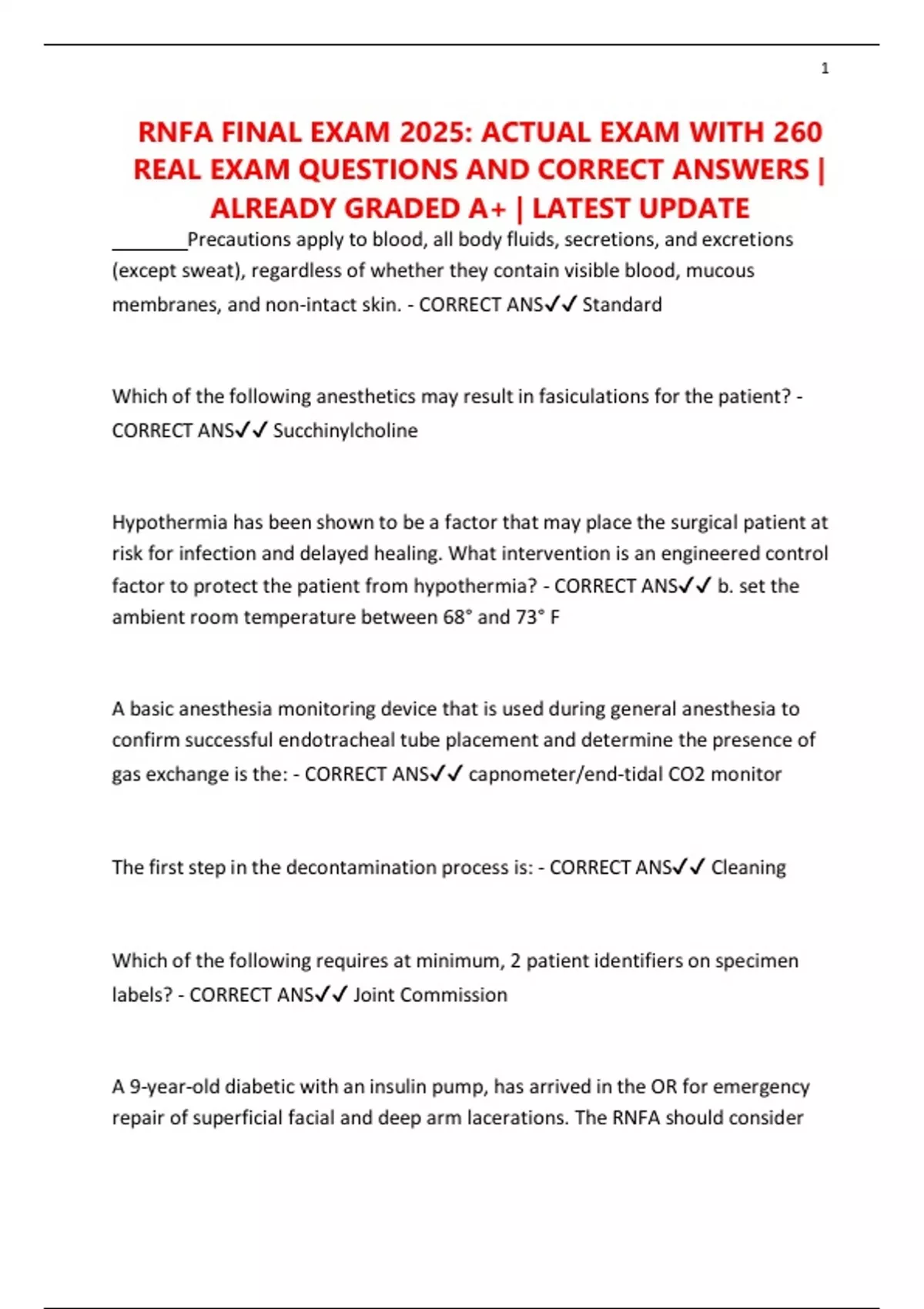 RNFA FINAL EXAM 2025: ACTUAL EXAM WITH 260 REAL EXAM QUESTIONS AND CORRECT ANSWERS | ALREADY ...