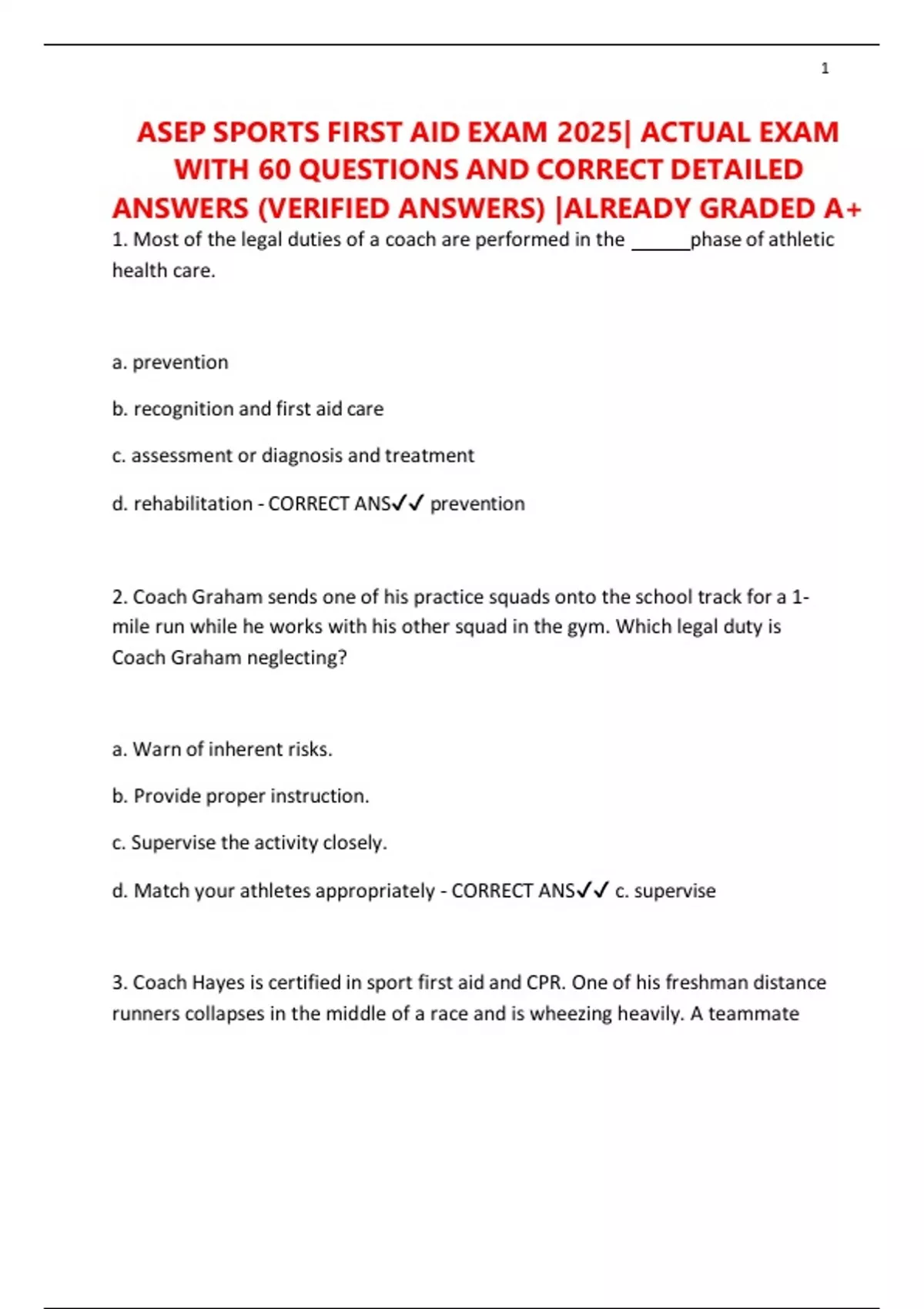 ASEP SPORTS FIRST AID EXAM 2025| ACTUAL EXAM WITH 60 QUESTIONS AND CORRECT DETAILED ANSWERS ...