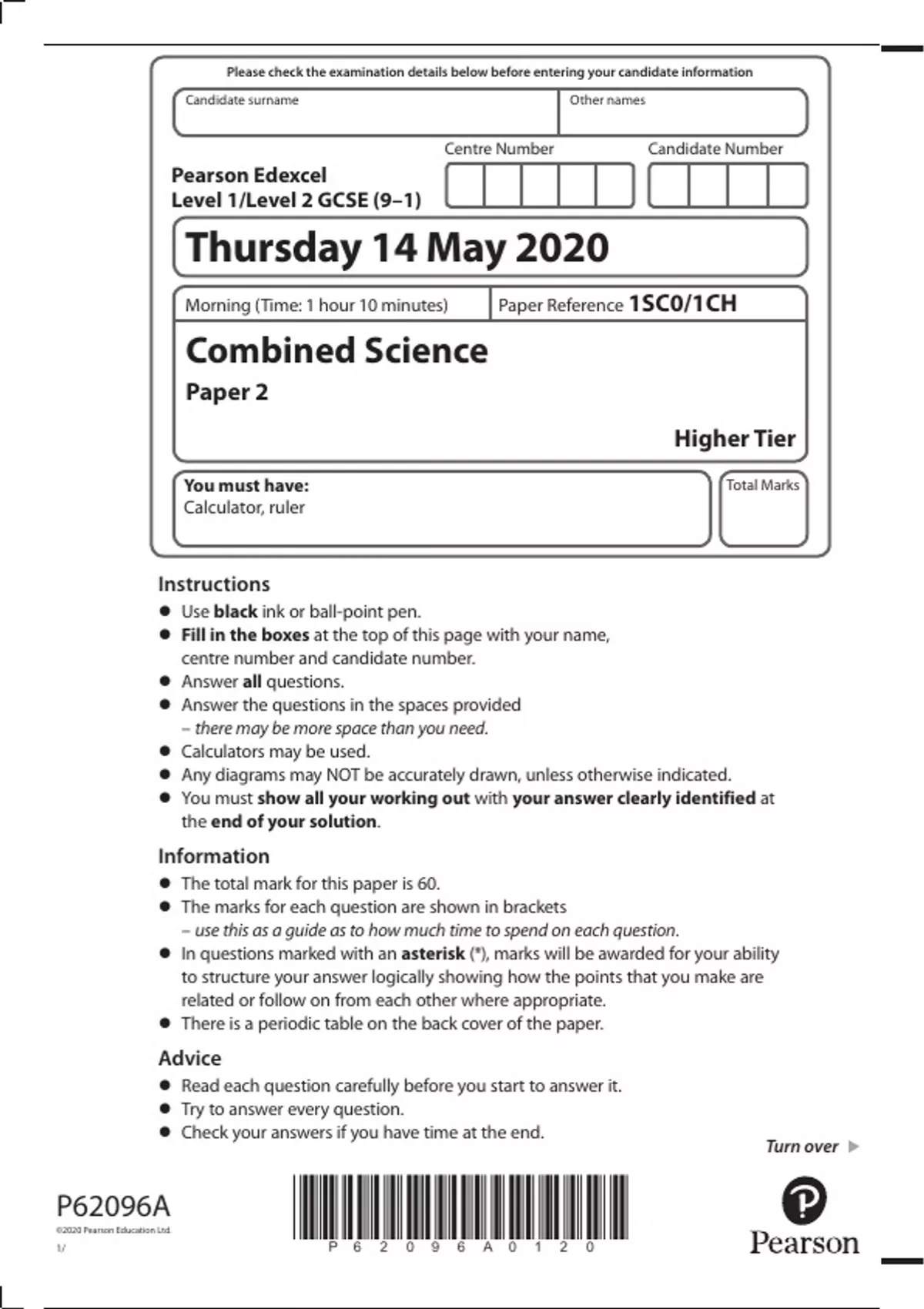 Chemistry Edexcel Combined Science Paper 1 Question Paper - Chemistry ...