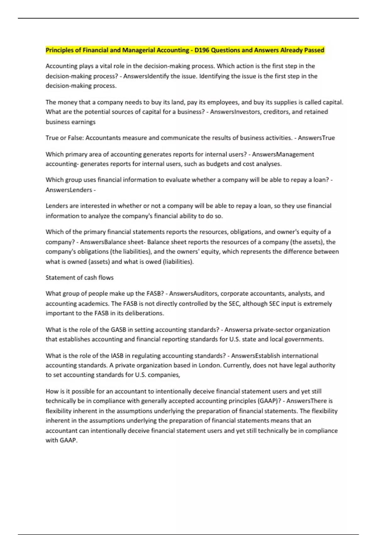 Principles of Financial and Managerial Accounting - D196 Questions and ...