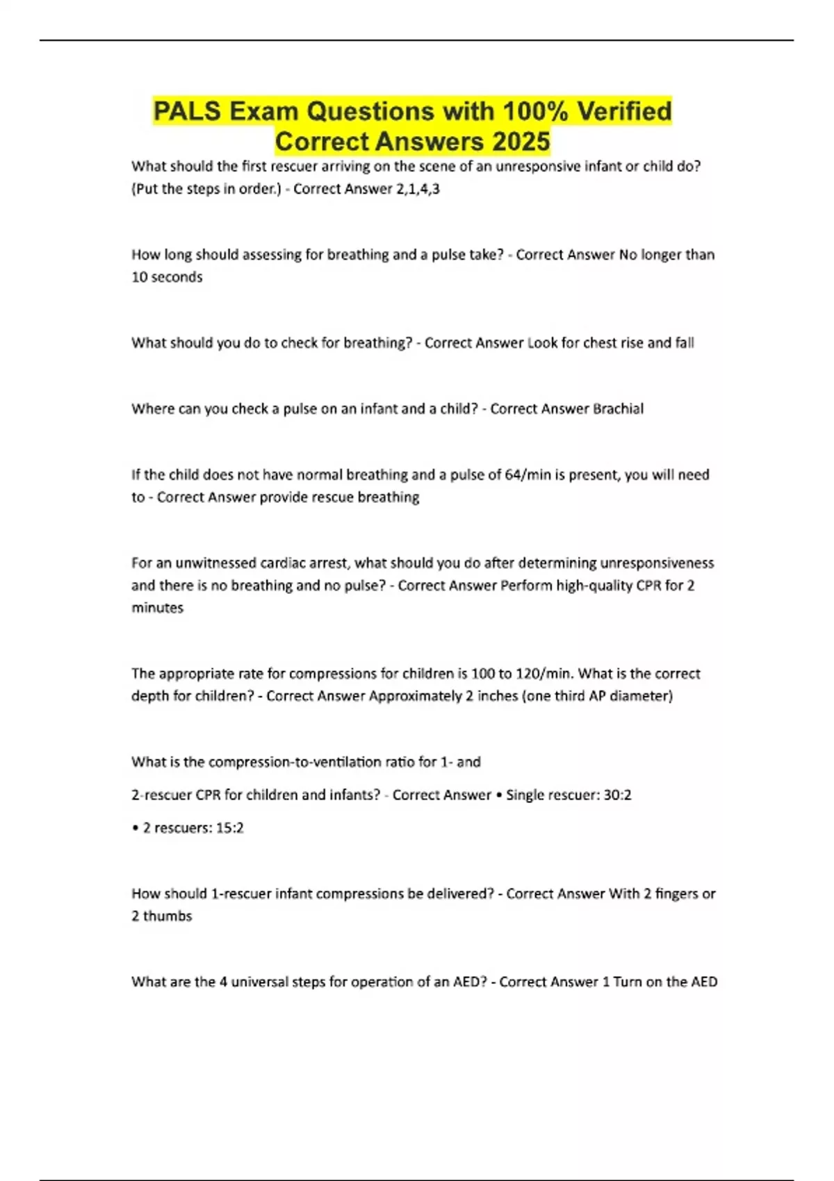 PALS Exam Questions with 100% Verified Correct Answers 2025 - PALS ...