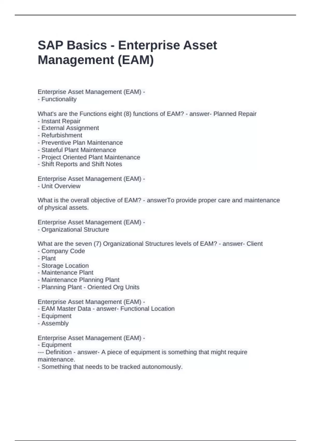 SAP Basics - Enterprise Asset Management (EAM) Questions with Correct ...