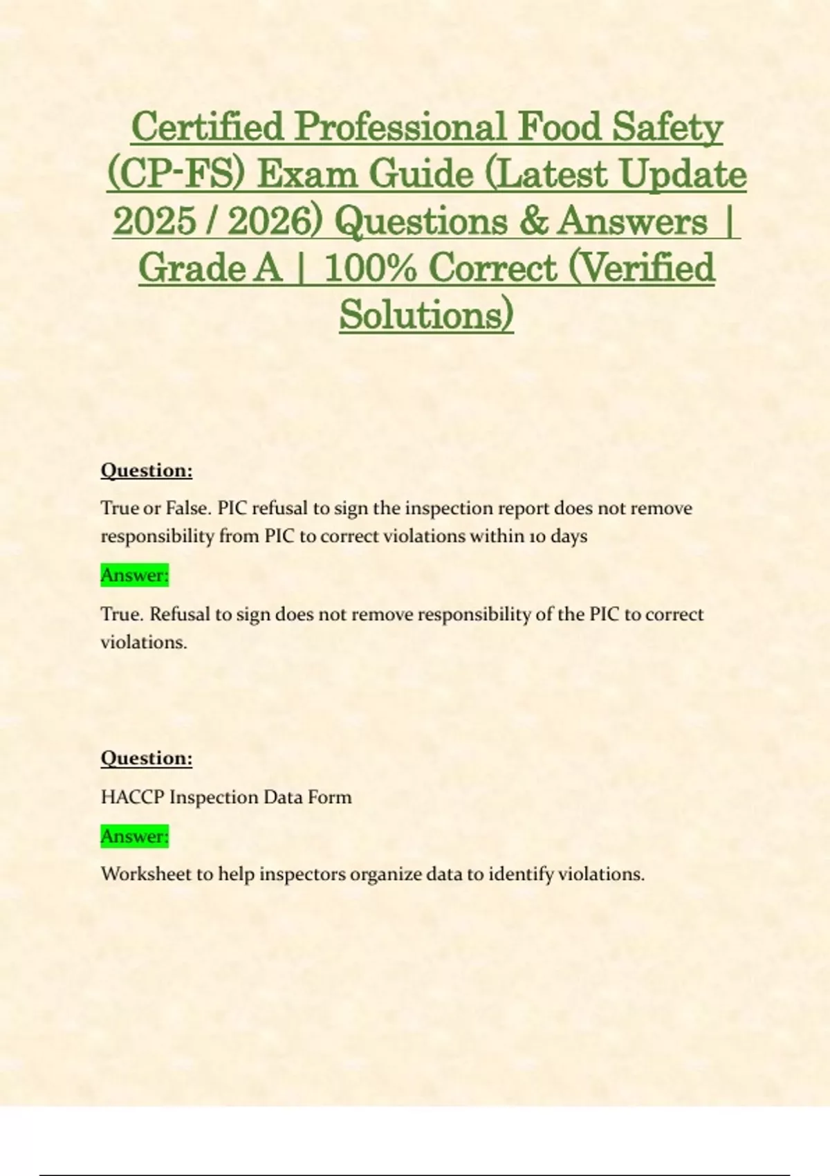 Certified Professional Food Safety (CP-FS) Exam Guide (Latest Update ...