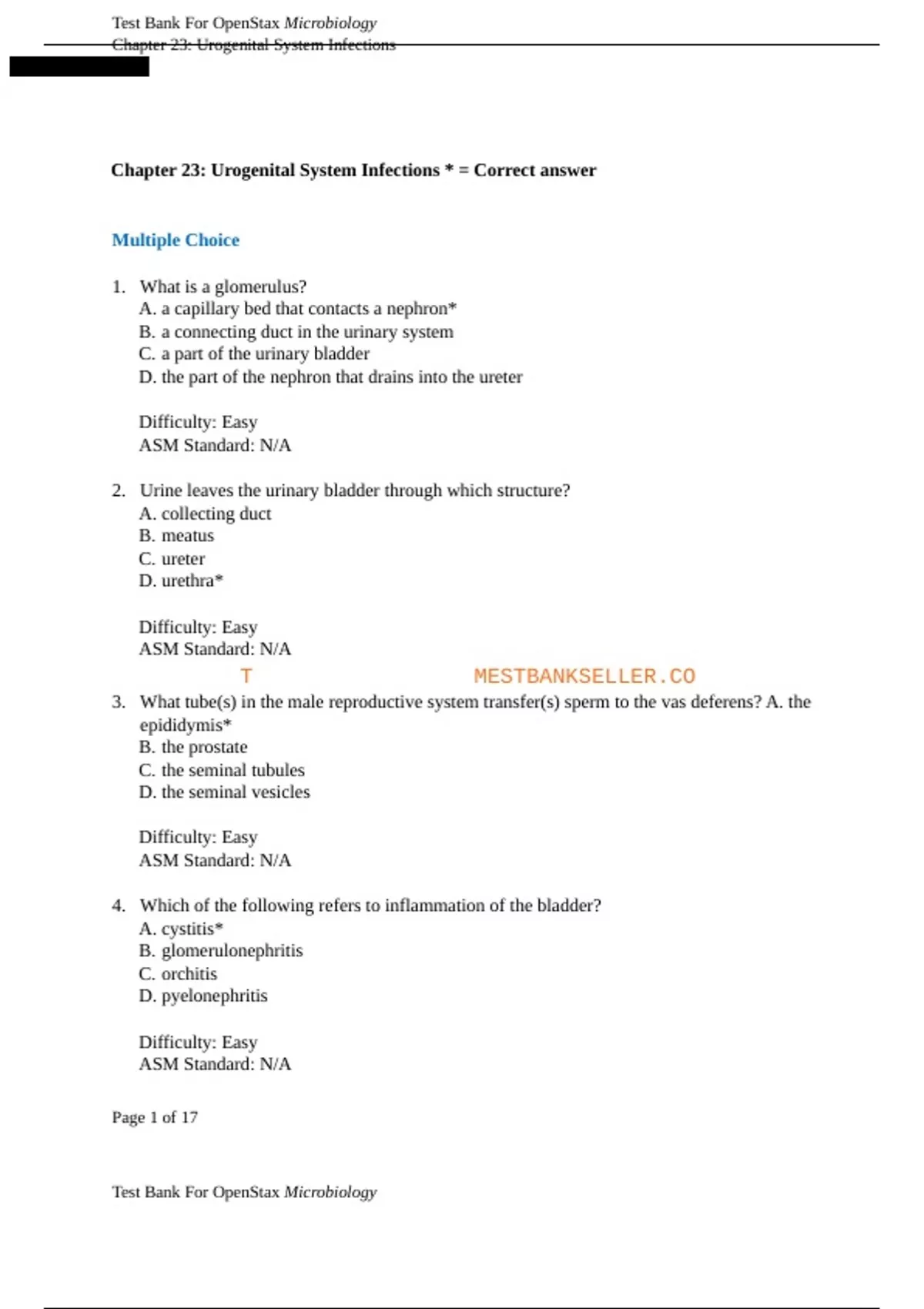 Test Bank For OpenStax Microbiology (Chapter 23: Urogenital System ...