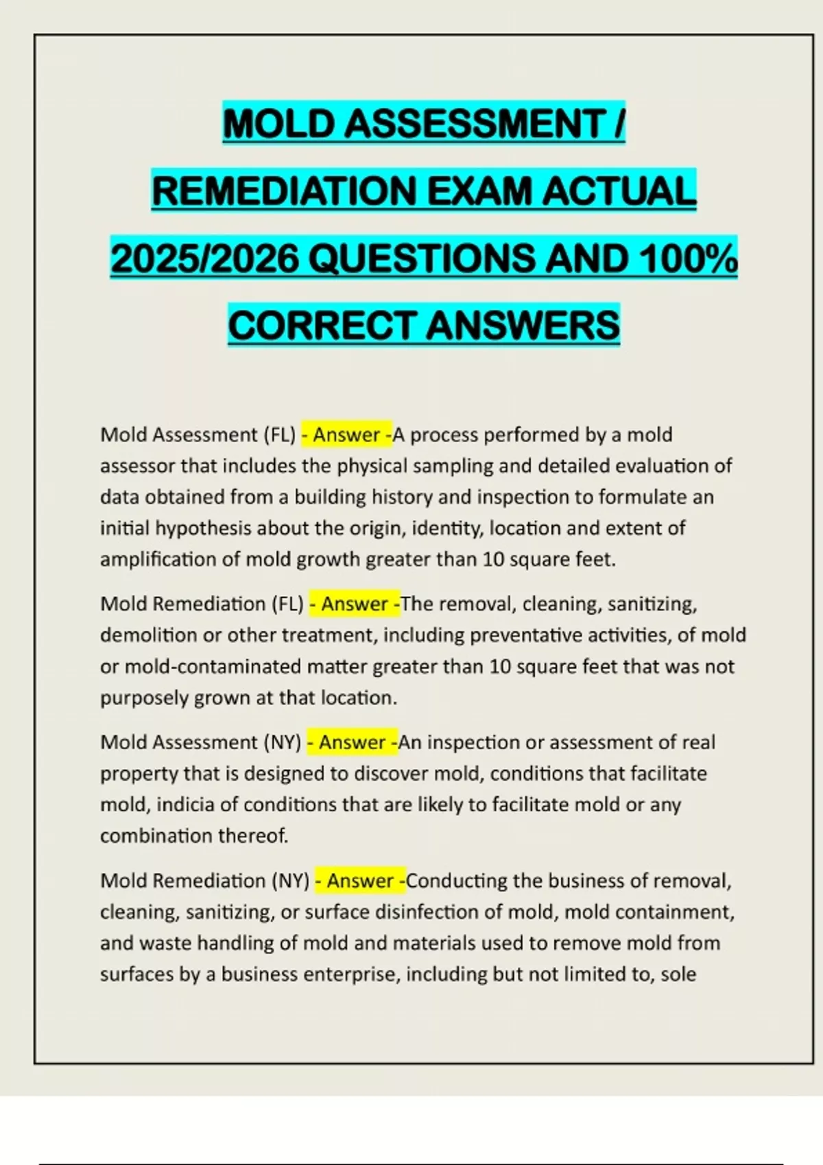 MOLD ASSESSMENT / REMEDIATION EXAM ACTUAL 2025/2026 QUESTIONS AND 100% ...