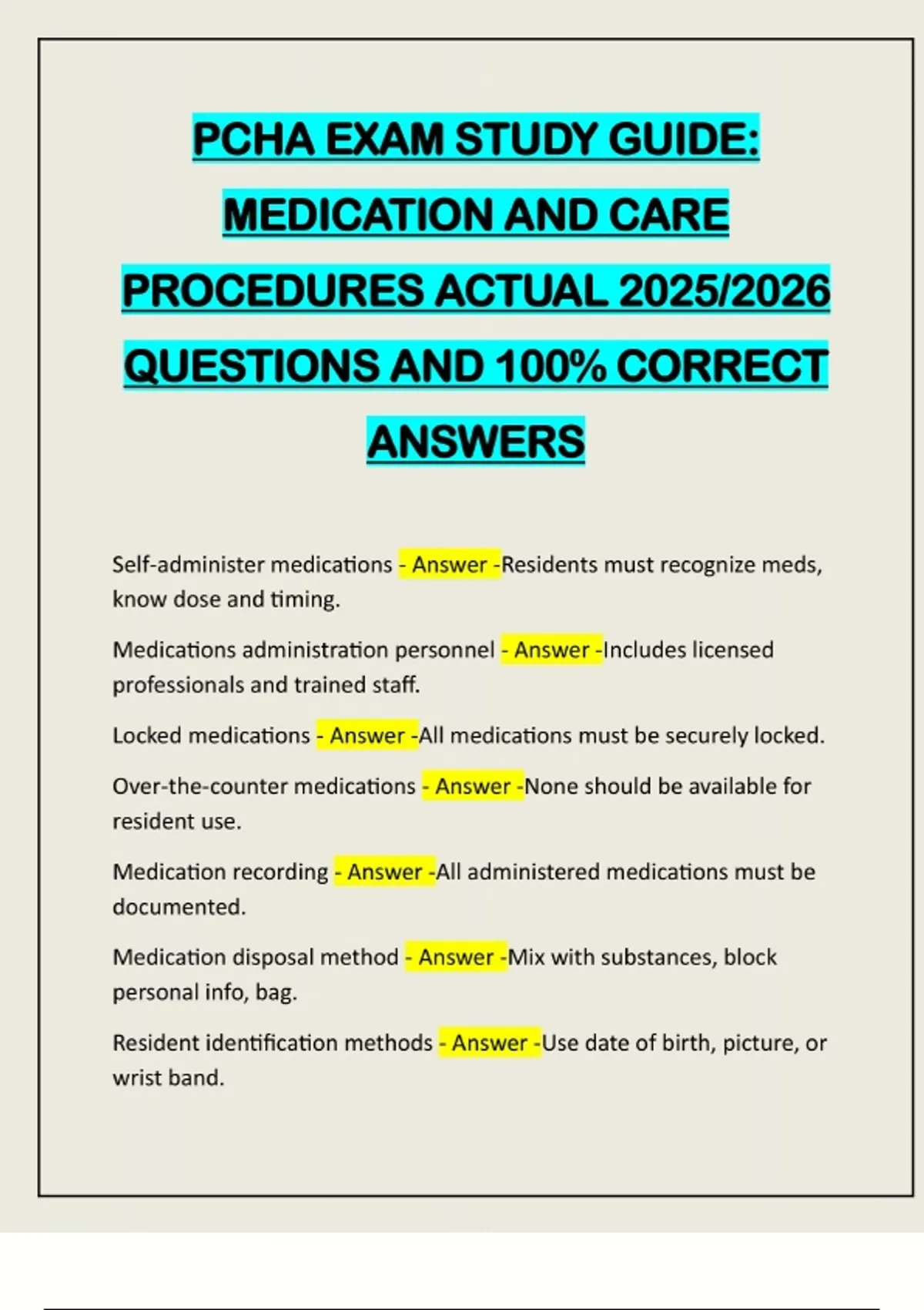 PCHA EXAM STUDY GUIDE: MEDICATION AND CARE PROCEDURES ACTUAL 2025/2026 ...