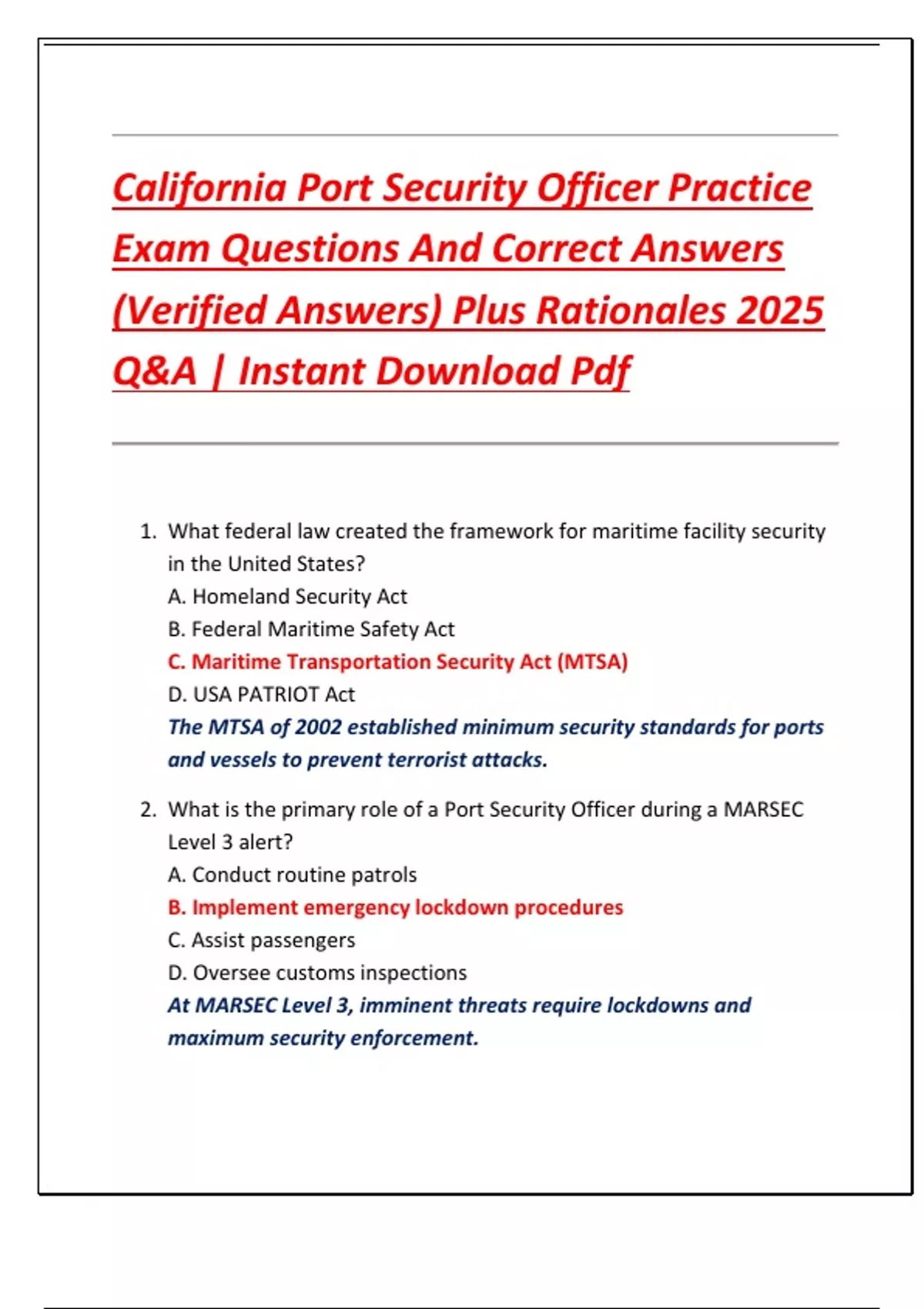 California Port Security Officer Practice Exam Questions And Correct ...