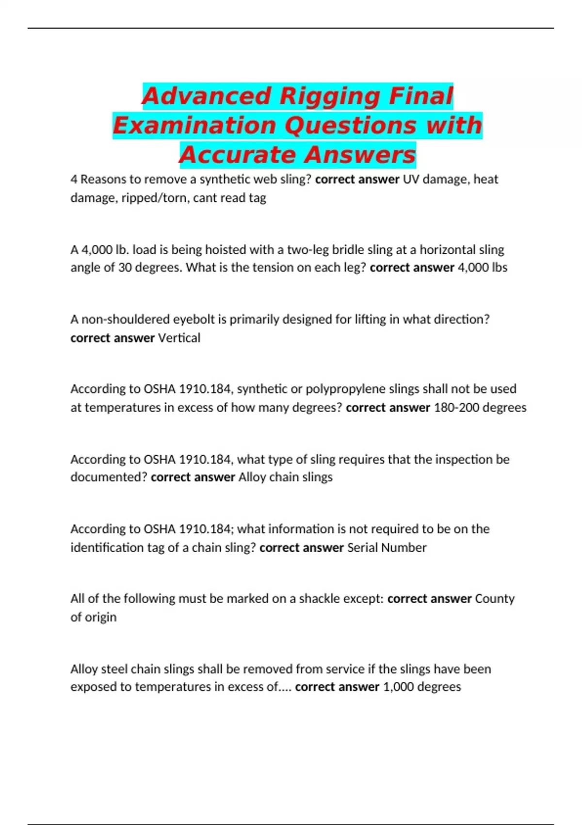 Advanced Rigging Final Examination Questions with Accurate Answers ...