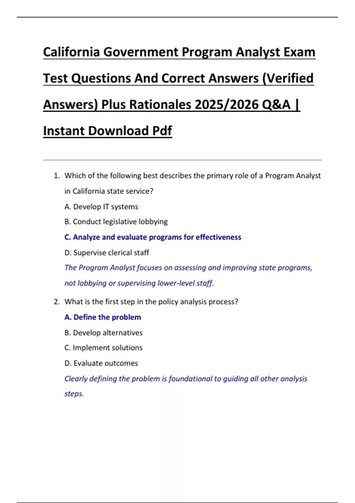 California Government Program Analyst Exam Test Questions And Correct ...