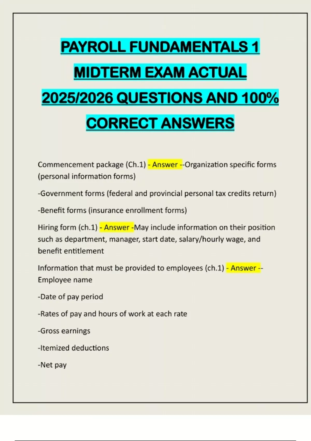 PAYROLL FUNDAMENTALS 1 MIDTERM EXAM ACTUAL 2025/2026 QUESTIONS AND 100% ...
