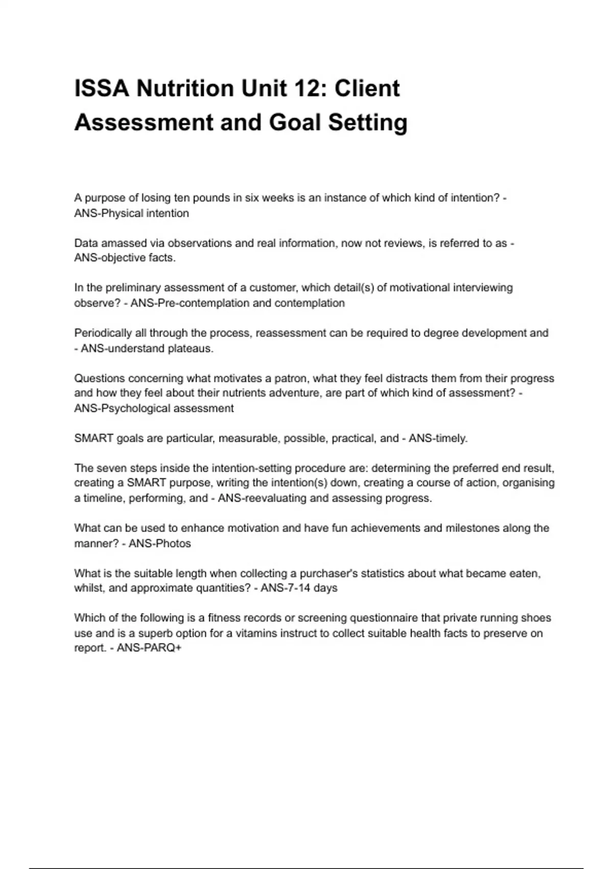 ISSA Nutrition Unit 12: Client Assessment and Goal Setting NEWEST 2025/ ...