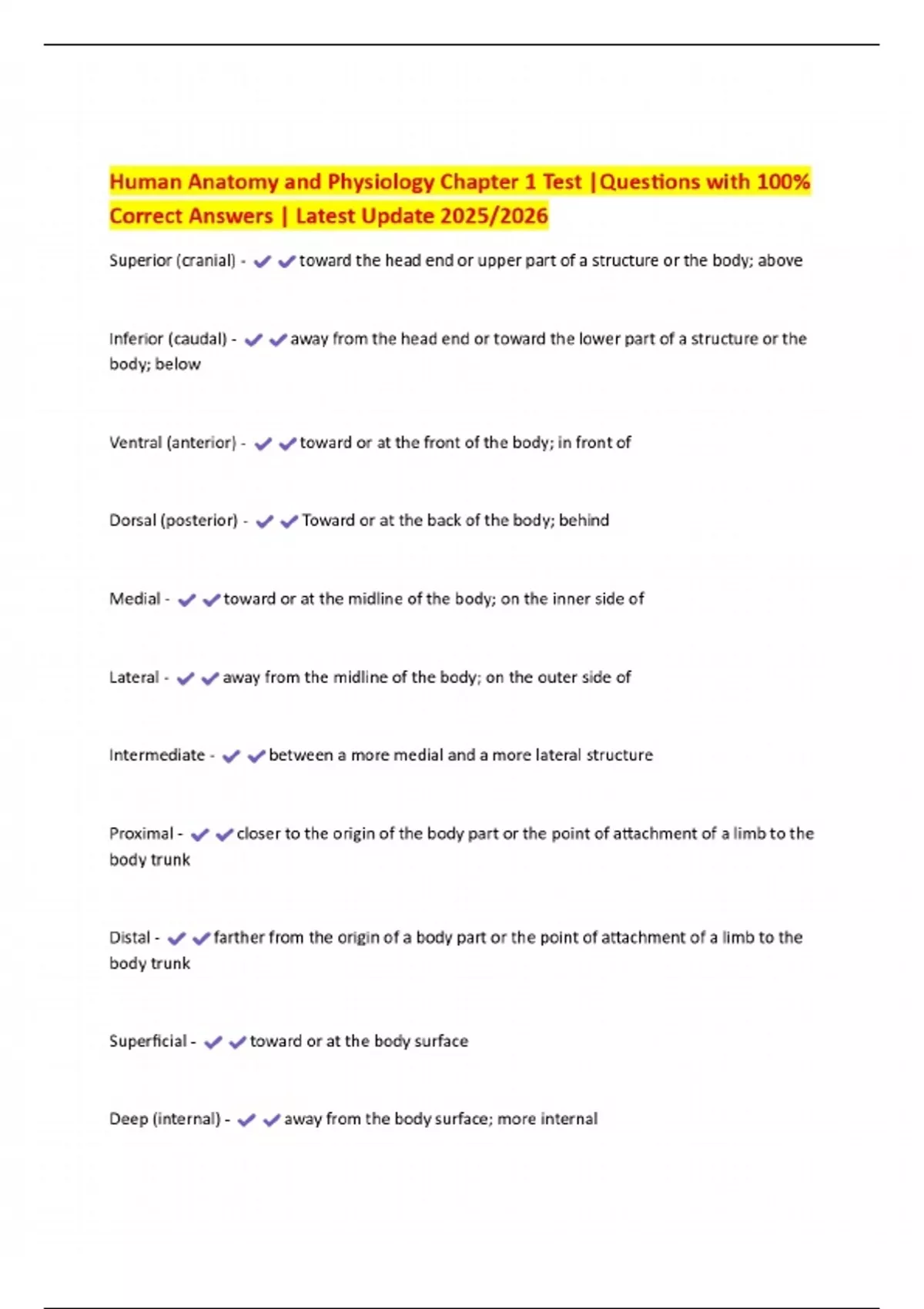 Human Anatomy and Physiology Chapter 1 Test |Questions with 100% ...