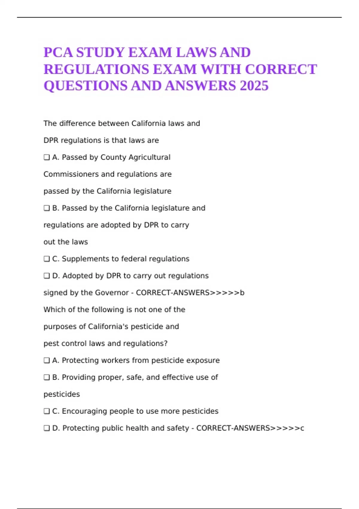 PCA STUDY EXAM LAWS AND REGULATIONS EXAM WITH CORRECT QUESTIONS AND ...