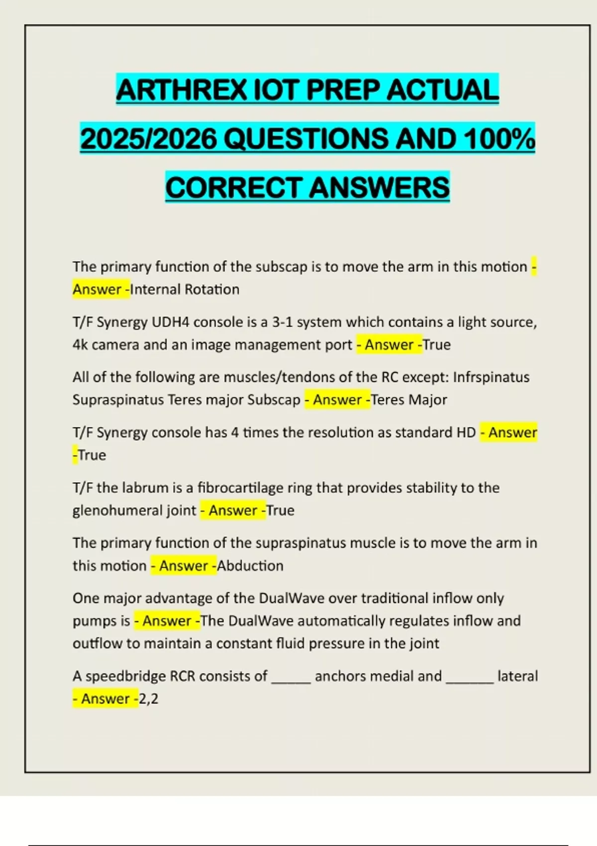 ARTHREX IOT PREP ACTUAL 2025/2026 QUESTIONS AND 100% CORRECT ANSWERS ...