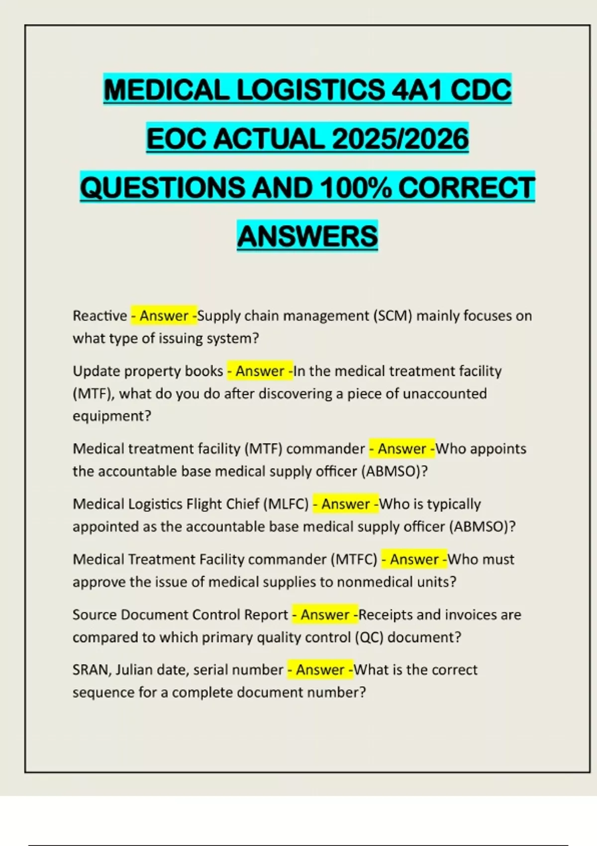 MEDICAL LOGISTICS 4A1 CDC EOC ACTUAL 2025/2026 QUESTIONS AND 100% CORRECT ANSWERS - CDC - Stuvia US