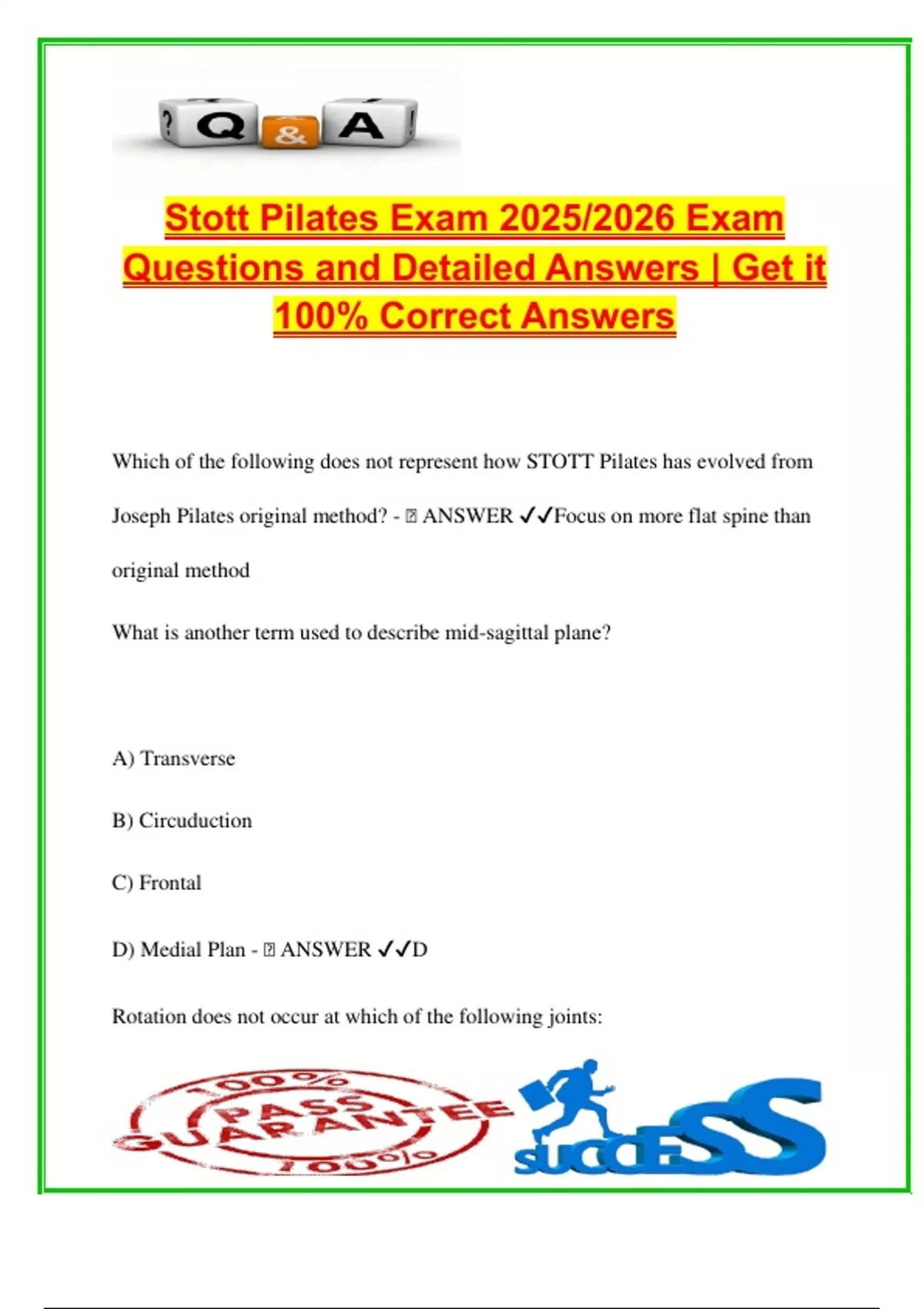 Stott Pilates Theory Exam 2025/2026 – 150+ Solved Q&A on Planes of ...