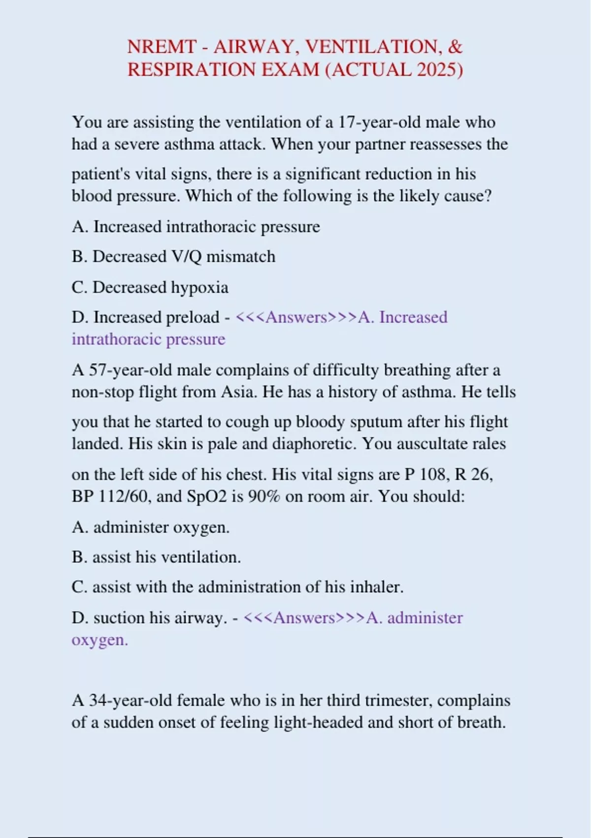 NREMT - AIRWAY, VENTILATION, & RESPIRATION EXAM (ACTUAL 2025) - NREMT ...