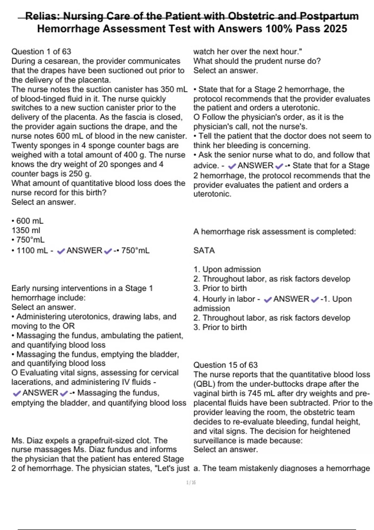 Relias: Nursing Care of the Patient with Obstetric and Postpartum ...