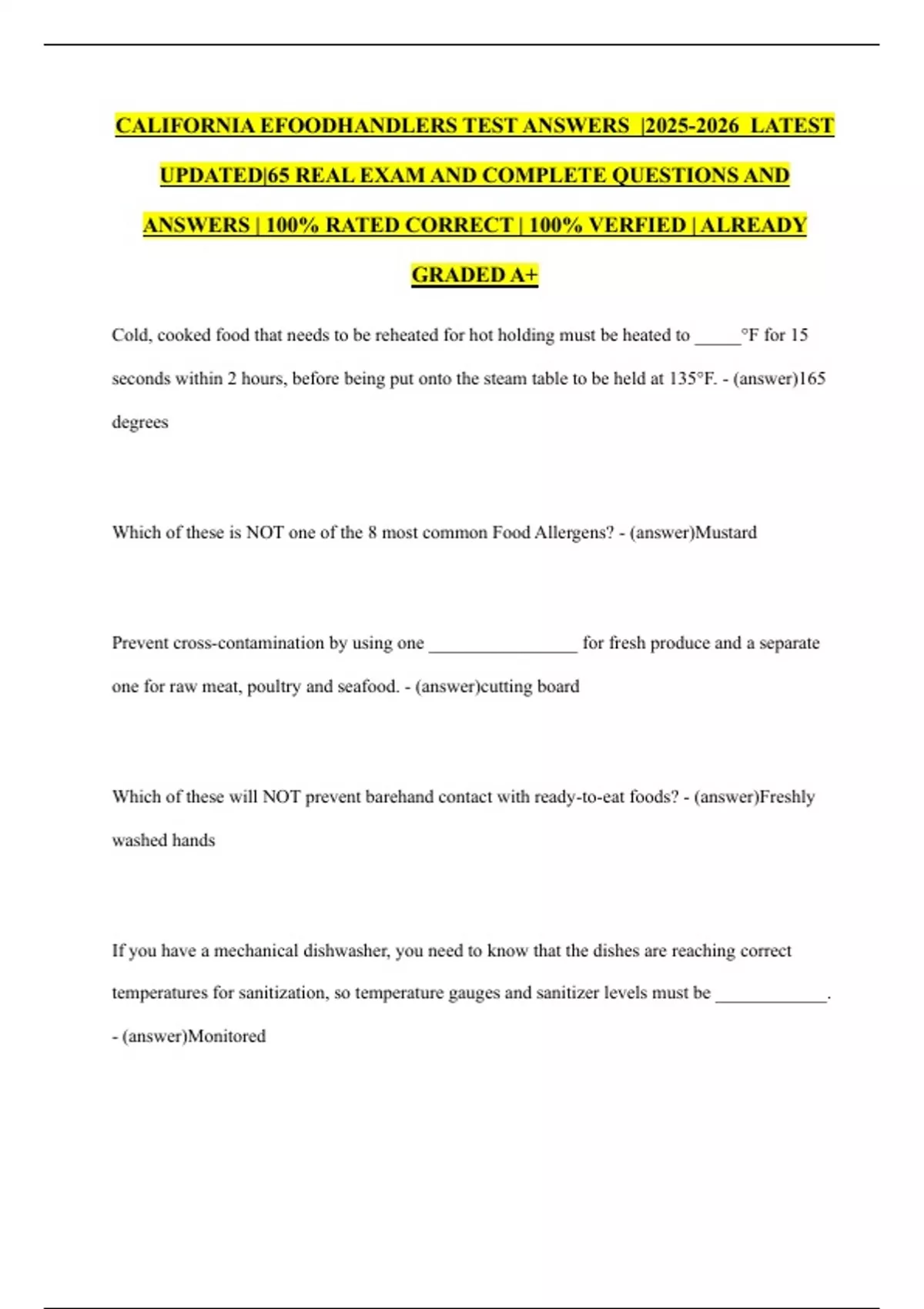 CALIFORNIA EFOODHANDLERS TEST ANSWERS | LATEST UPDATED|65 REAL EXAM AND ...