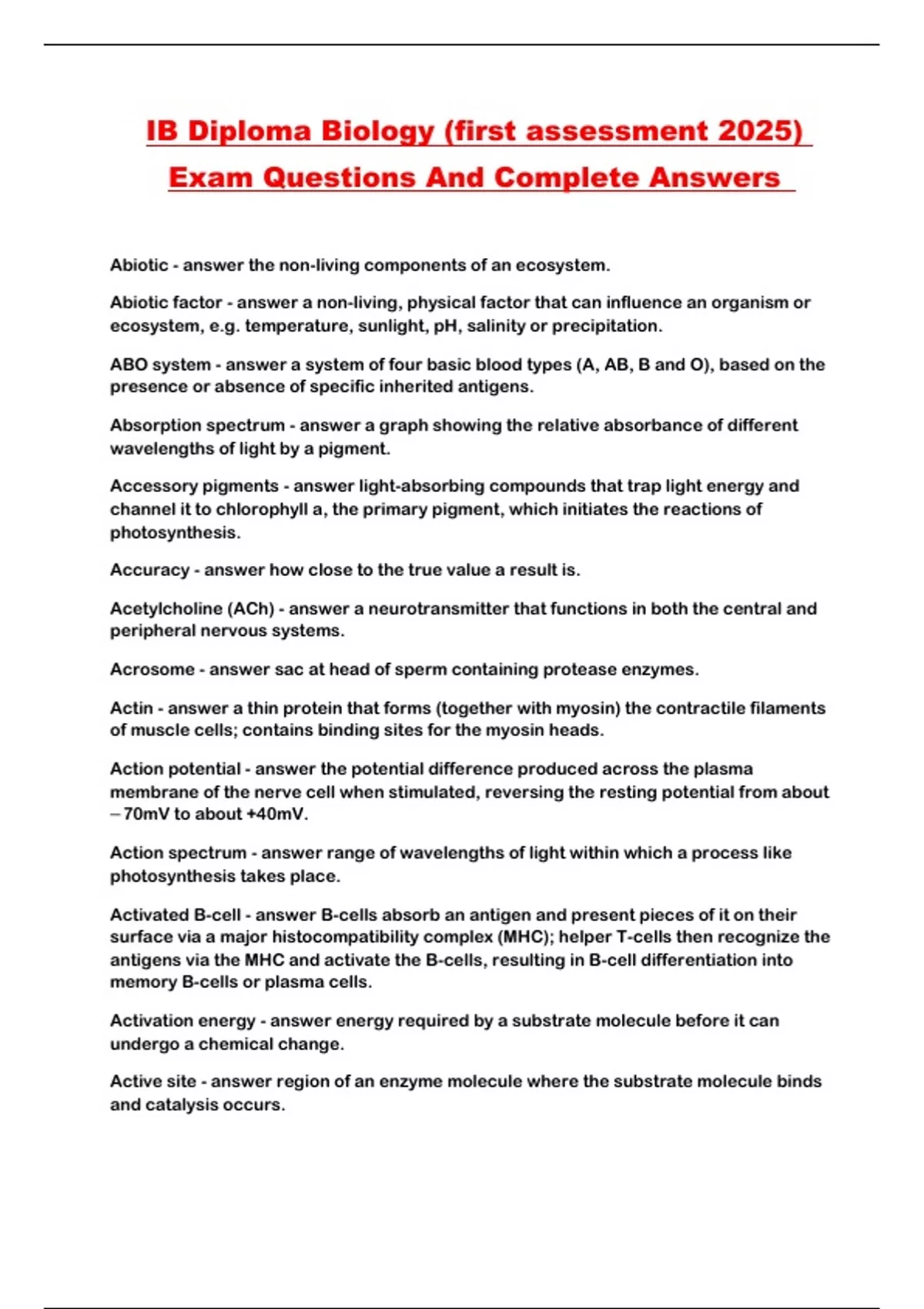 IB Diploma Biology (first assessment 2025) Exam Questions And Complete ...