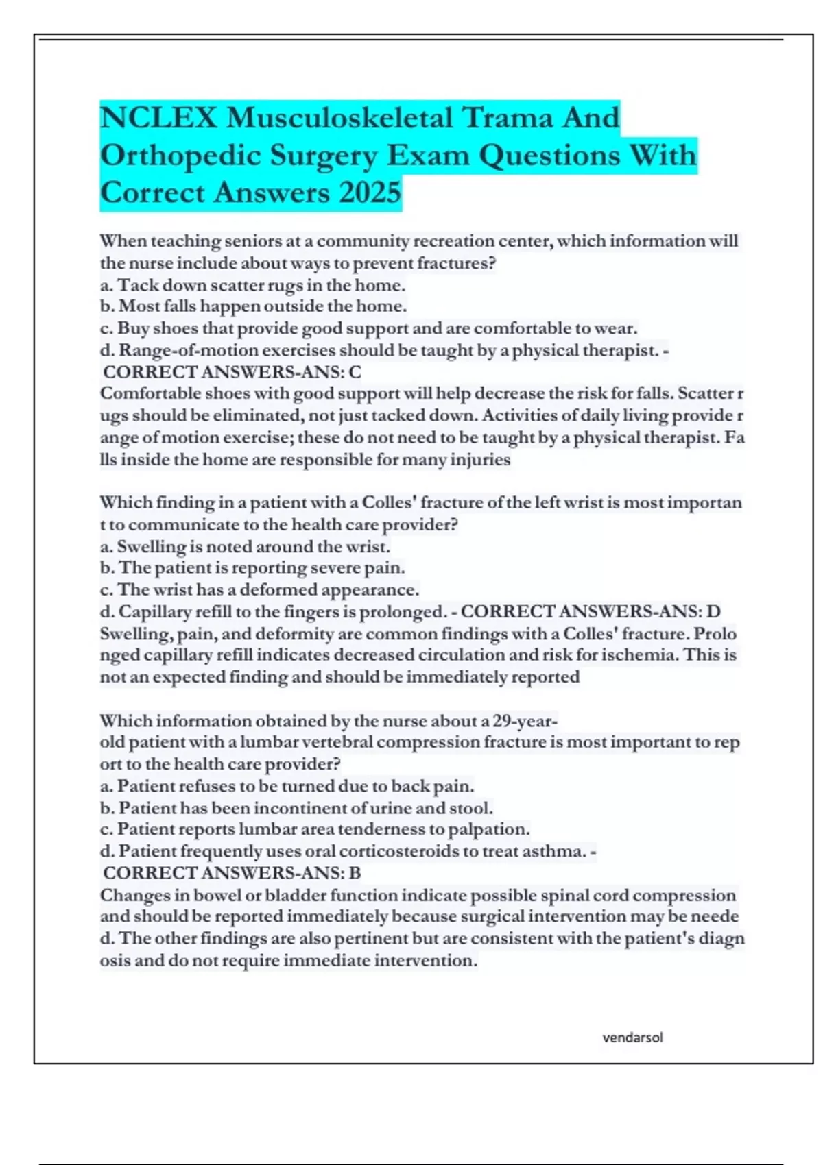 NCLEX Musculoskeletal Trama And Orthopedic Surgery Exam Questions With ...