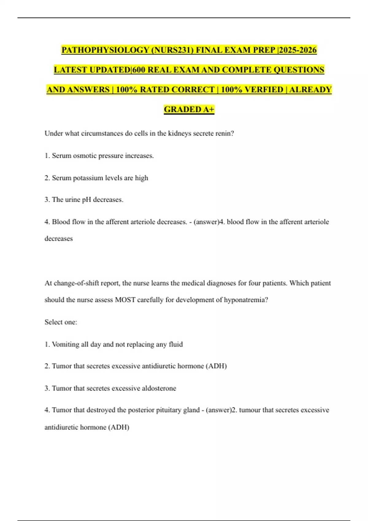 PATHOPHYSIOLOGY (NURS231) FINAL EXAM PREP | LATEST UPDATED|600 REAL ...