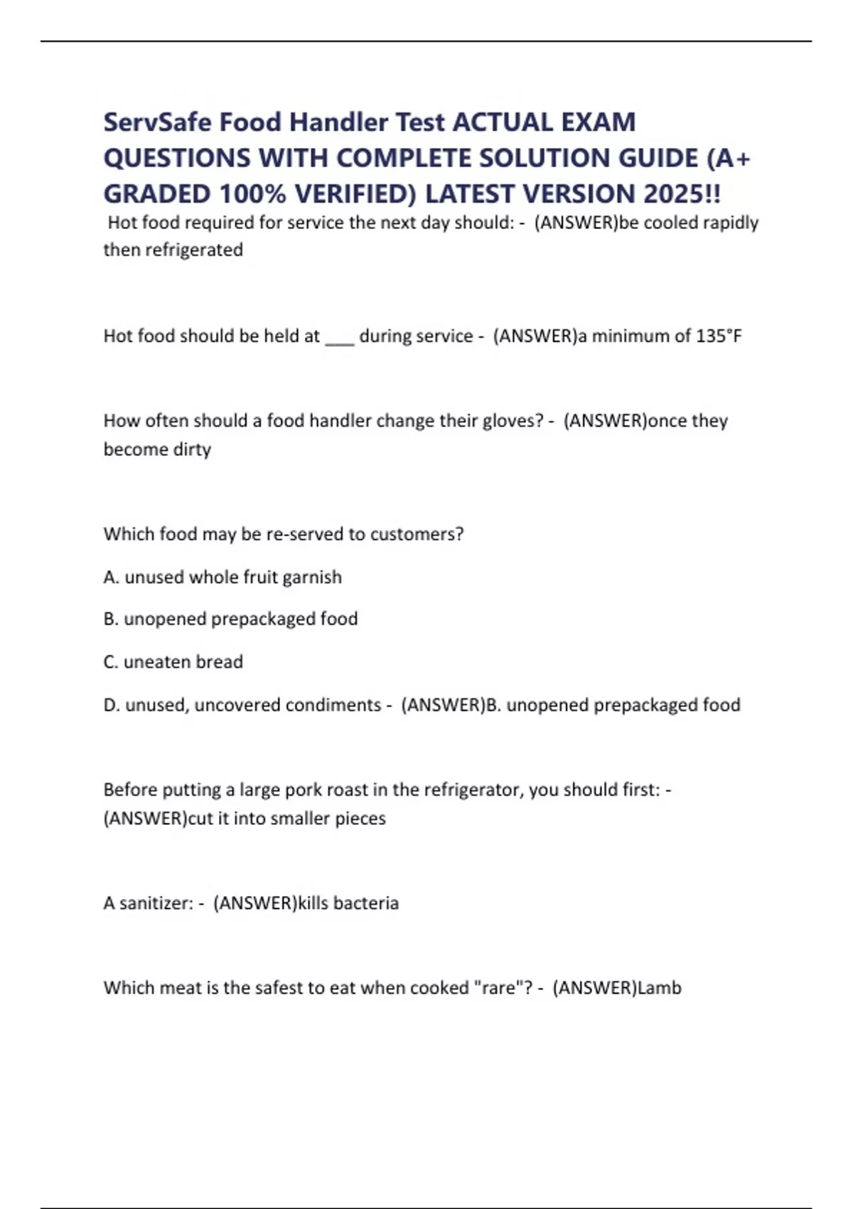 ServSafe Food Handler Test ACTUAL EXAM QUESTIONS WITH COMPLETE SOLUTION ...