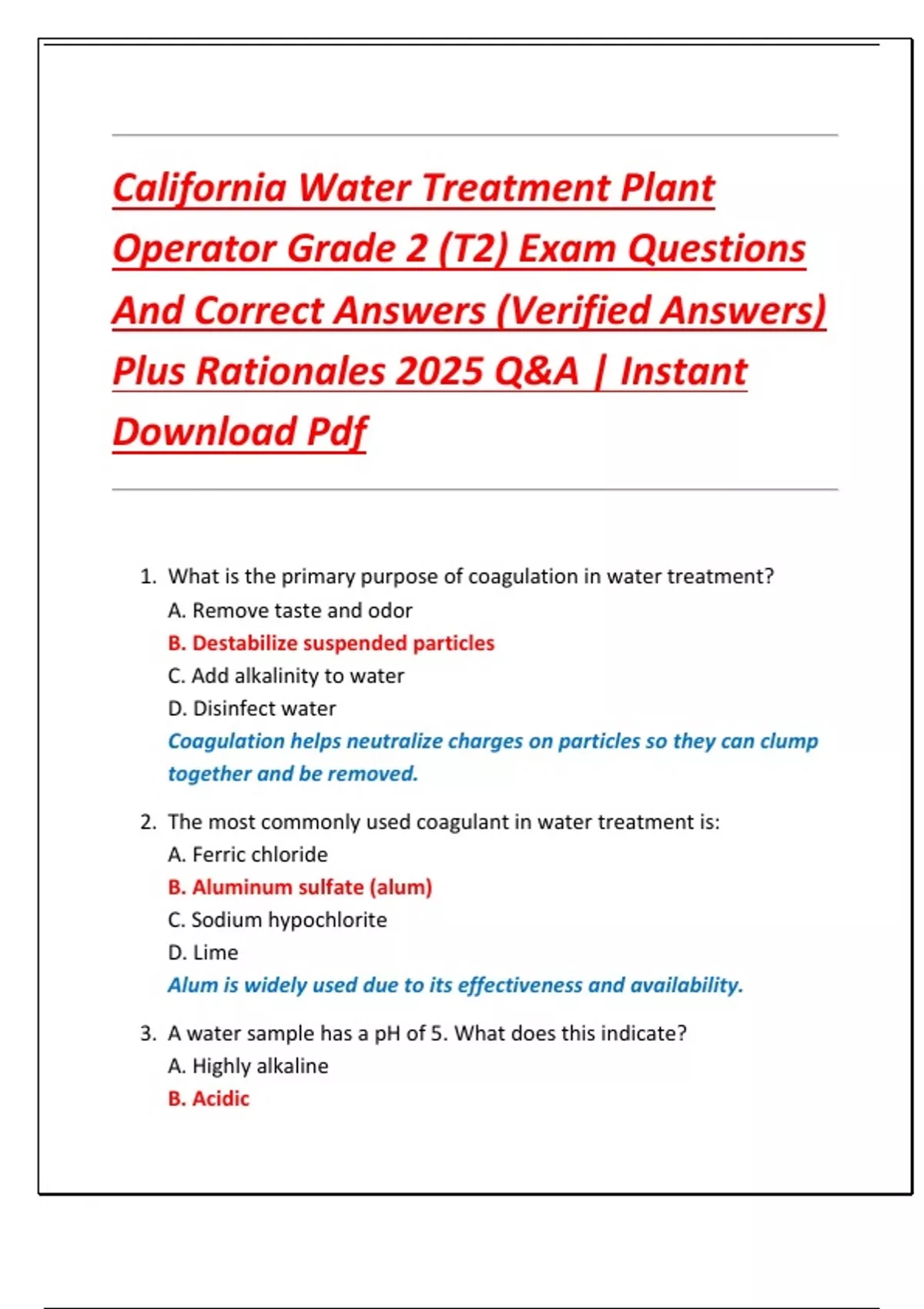 California Water Treatment Plant Operator Grade 2 (T2) Exam Questions ...