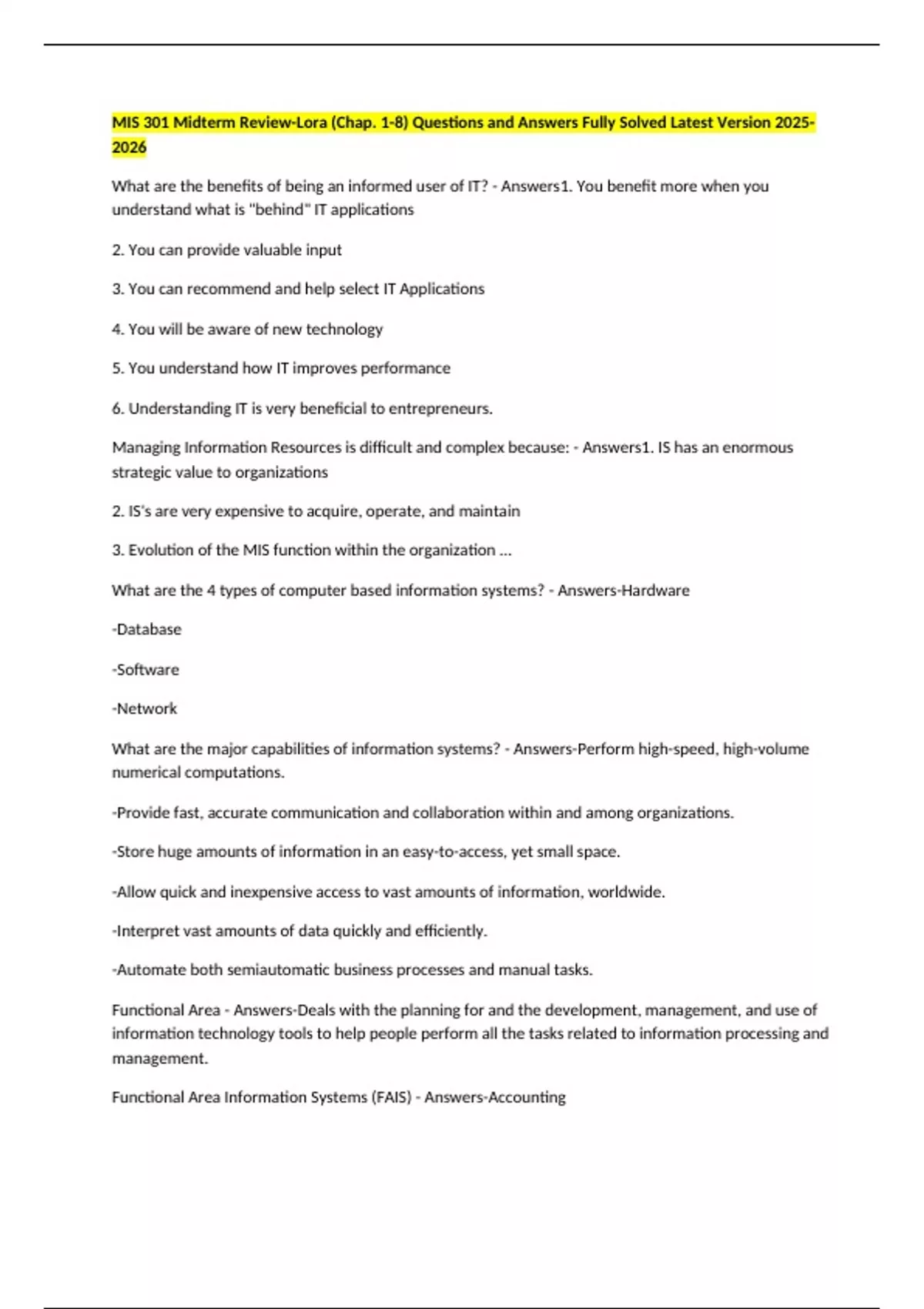 MIS 301 Midterm Review-Lora (Chap. 1-8) Questions and Answers Fully ...