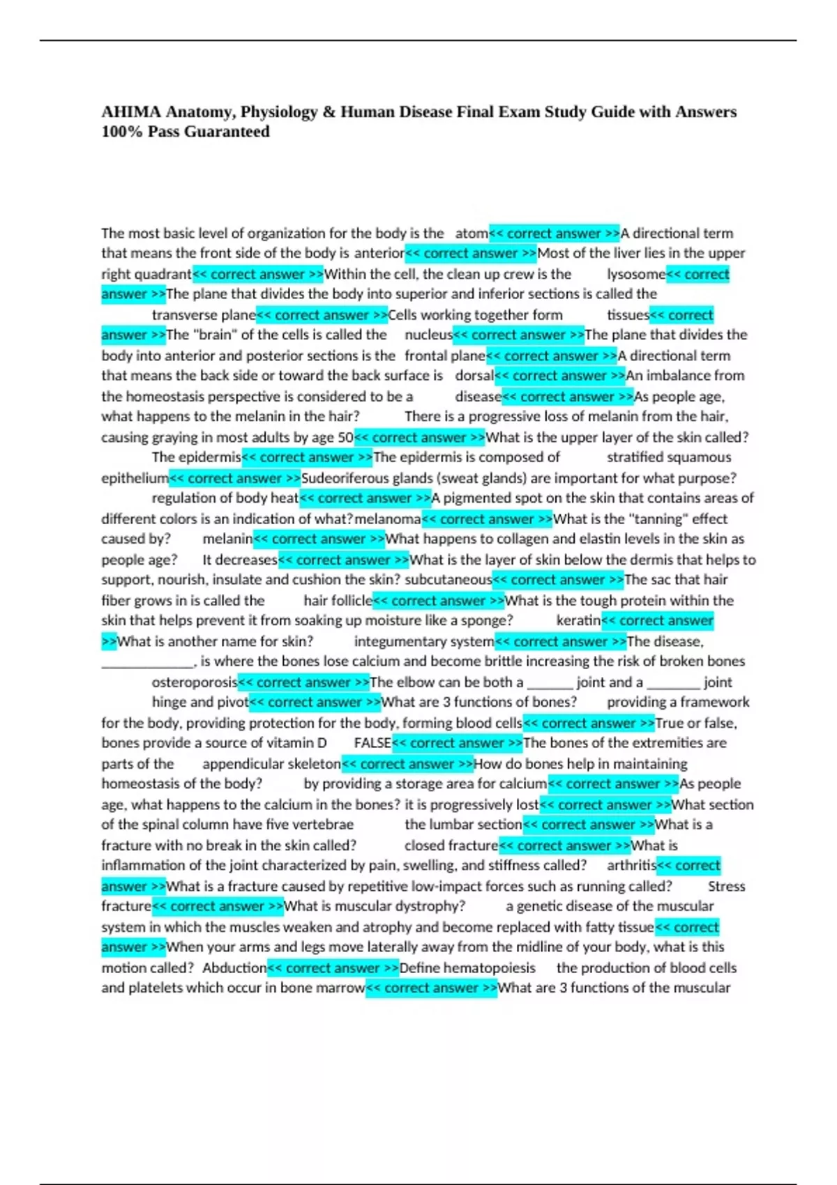 AHIMA Anatomy, Physiology & Human Disease Final Exam Study Guide with ...