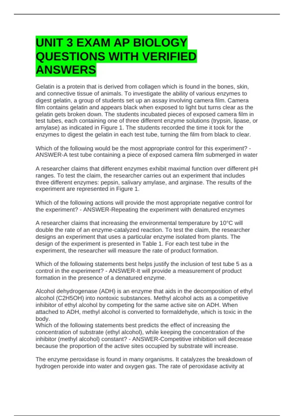 UNIT 3 EXAM AP BIOLOGY QUESTIONS WITH VERIFIED ANSWERS - TX GOV 4 ...