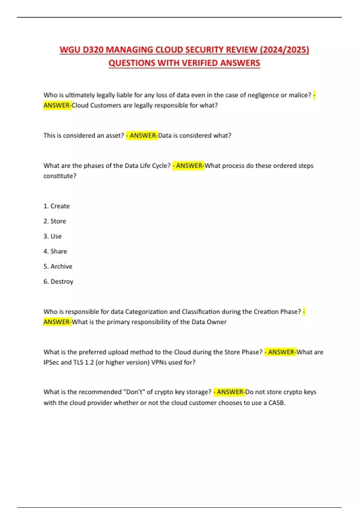 WGU D320 MANAGING CLOUD SECURITY REVIEW (2024/2025) QUESTIONS WITH ...