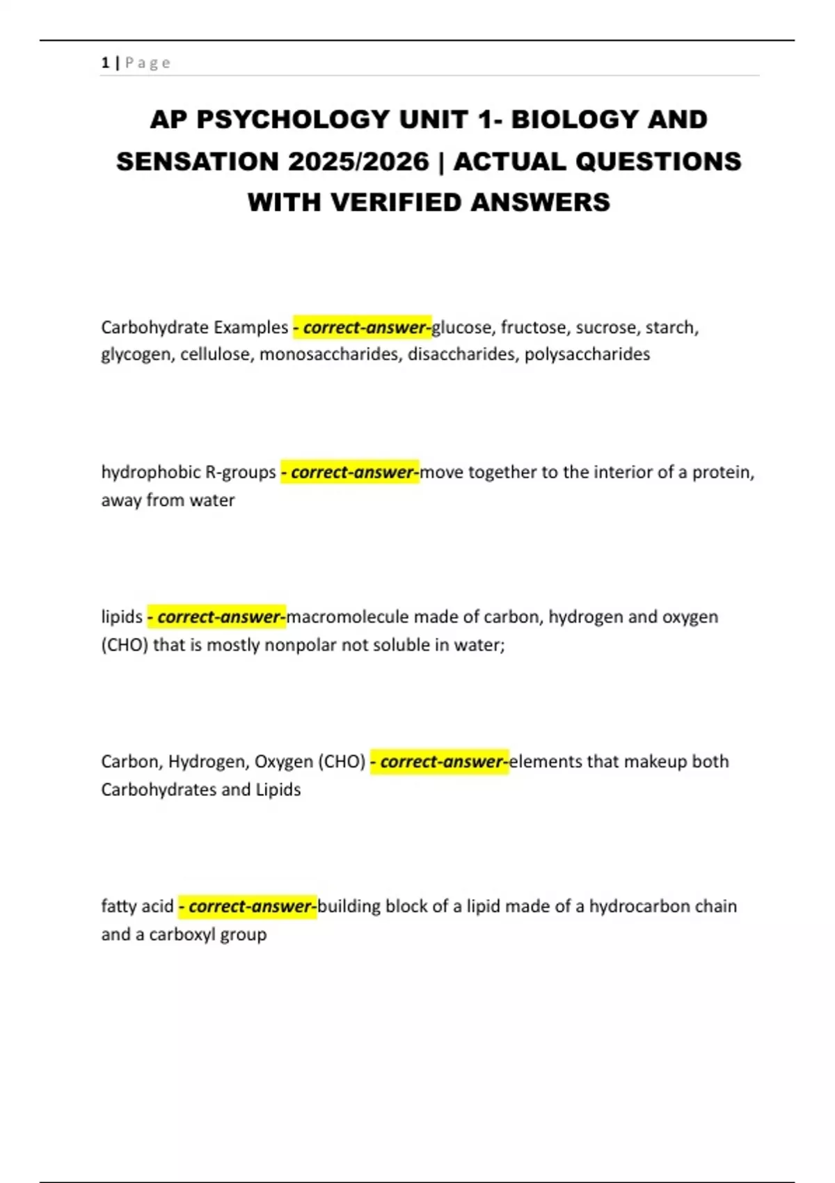 AP PSYCHOLOGY UNIT 1- BIOLOGY AND SENSATION 2025/2026 | ACTUAL ...