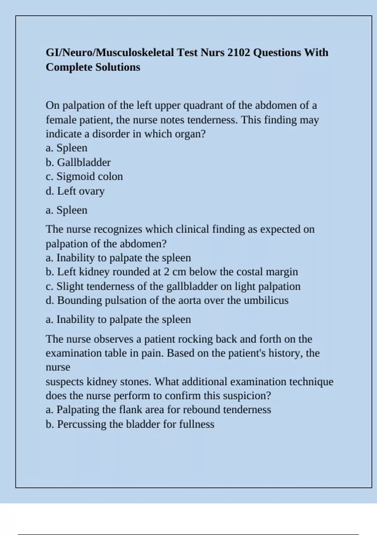 GI/Neuro/Musculoskeletal Test Nurs 2102 Questions With Complete ...