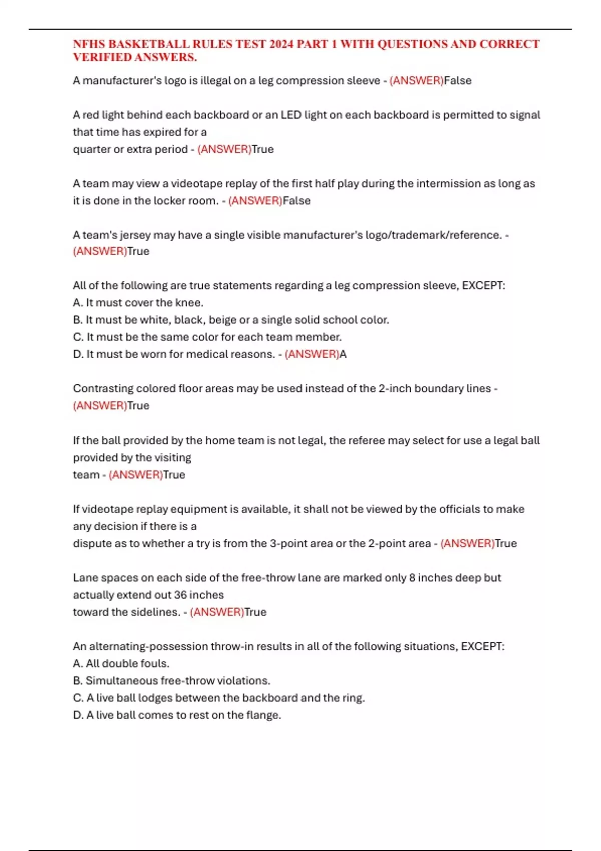 NFHS BASKETBALL RULES TEST 2024 PART 1 WITH QUESTIONS AND CORRECT ...